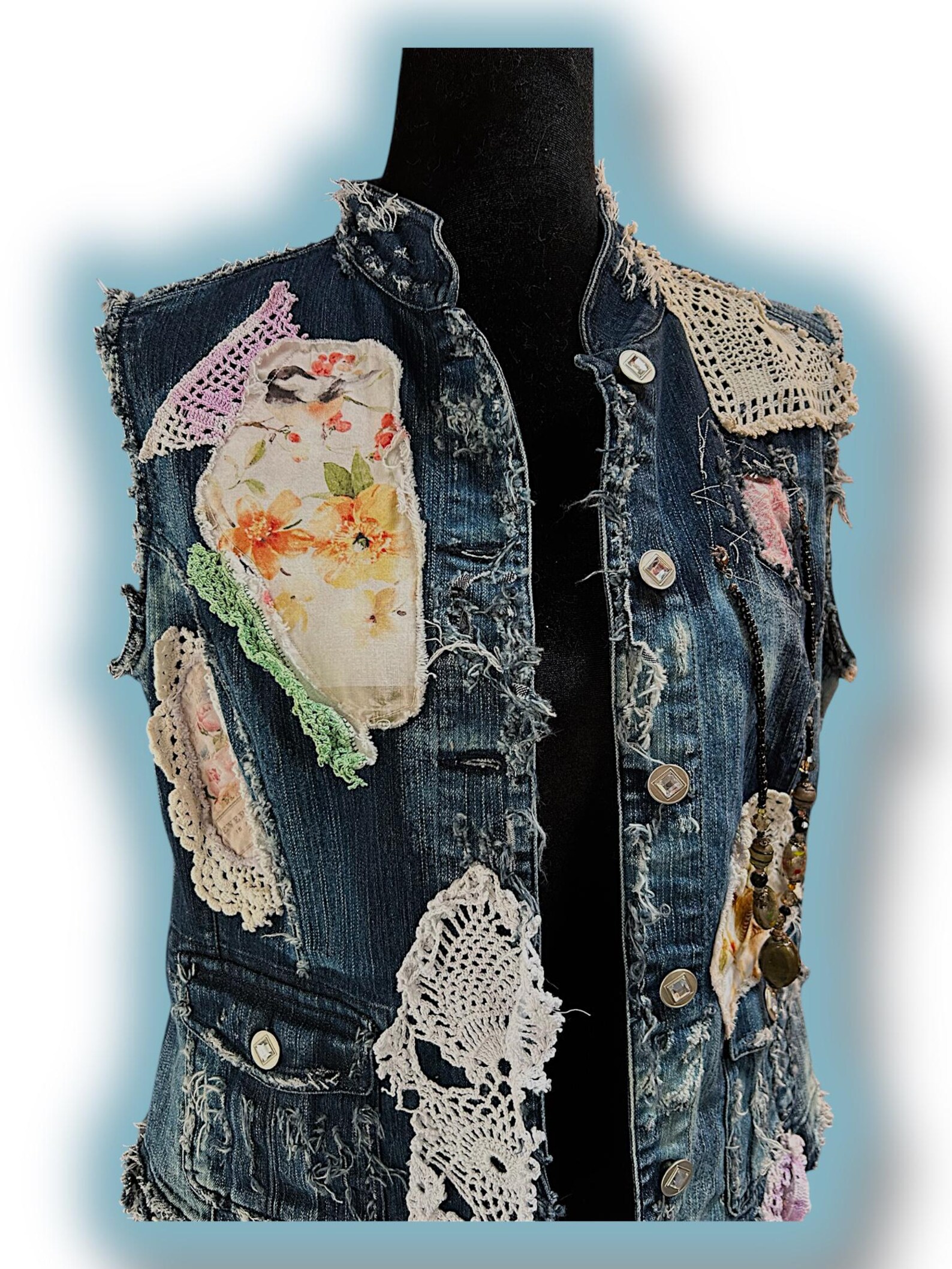 Denim Jean Vest Distressed Hippie BOHO Frayed Refashioned Embellished ...