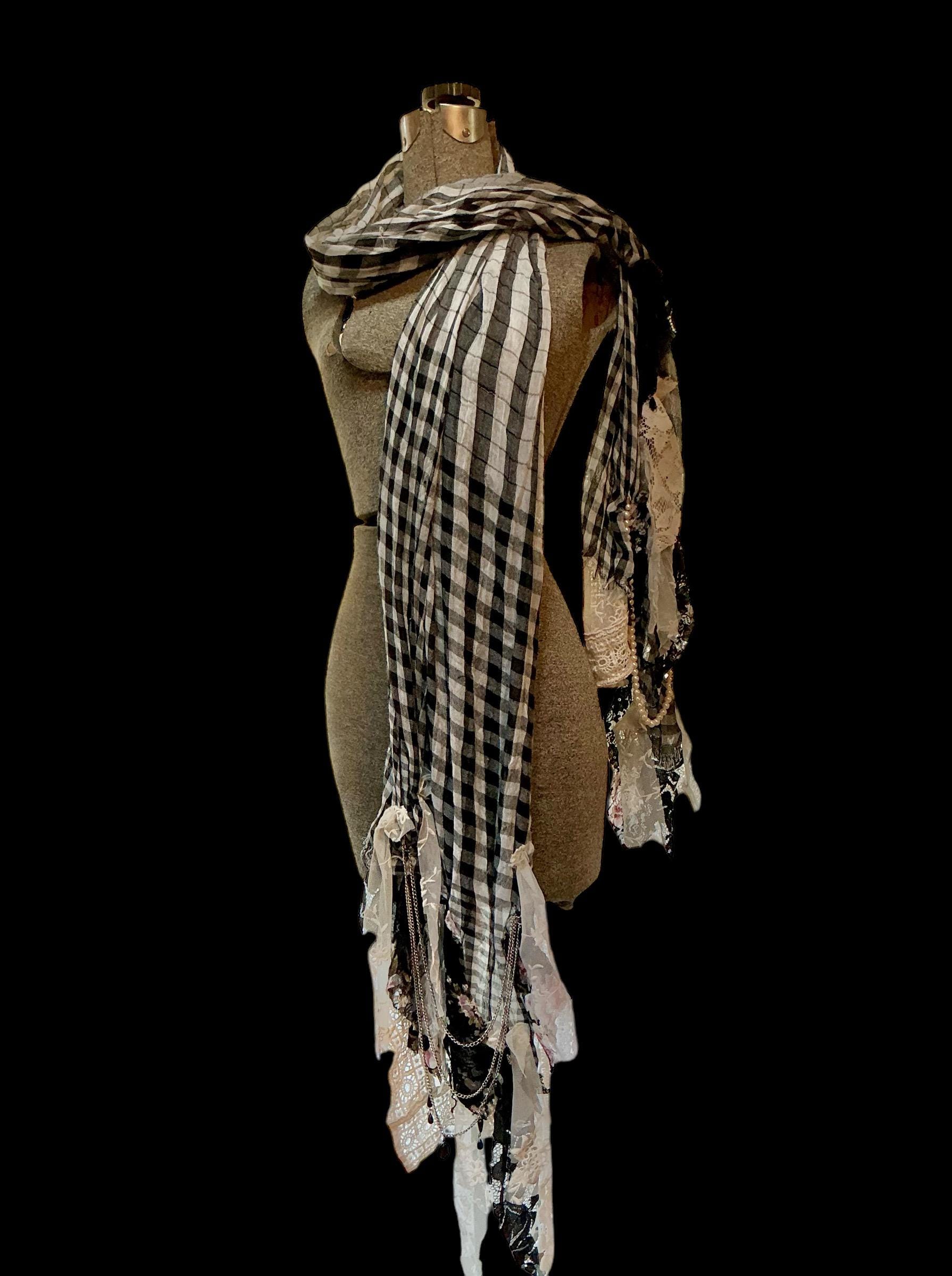 BOHO Upcycled Long Scarf Buffalo Check Black and White Laces With ...