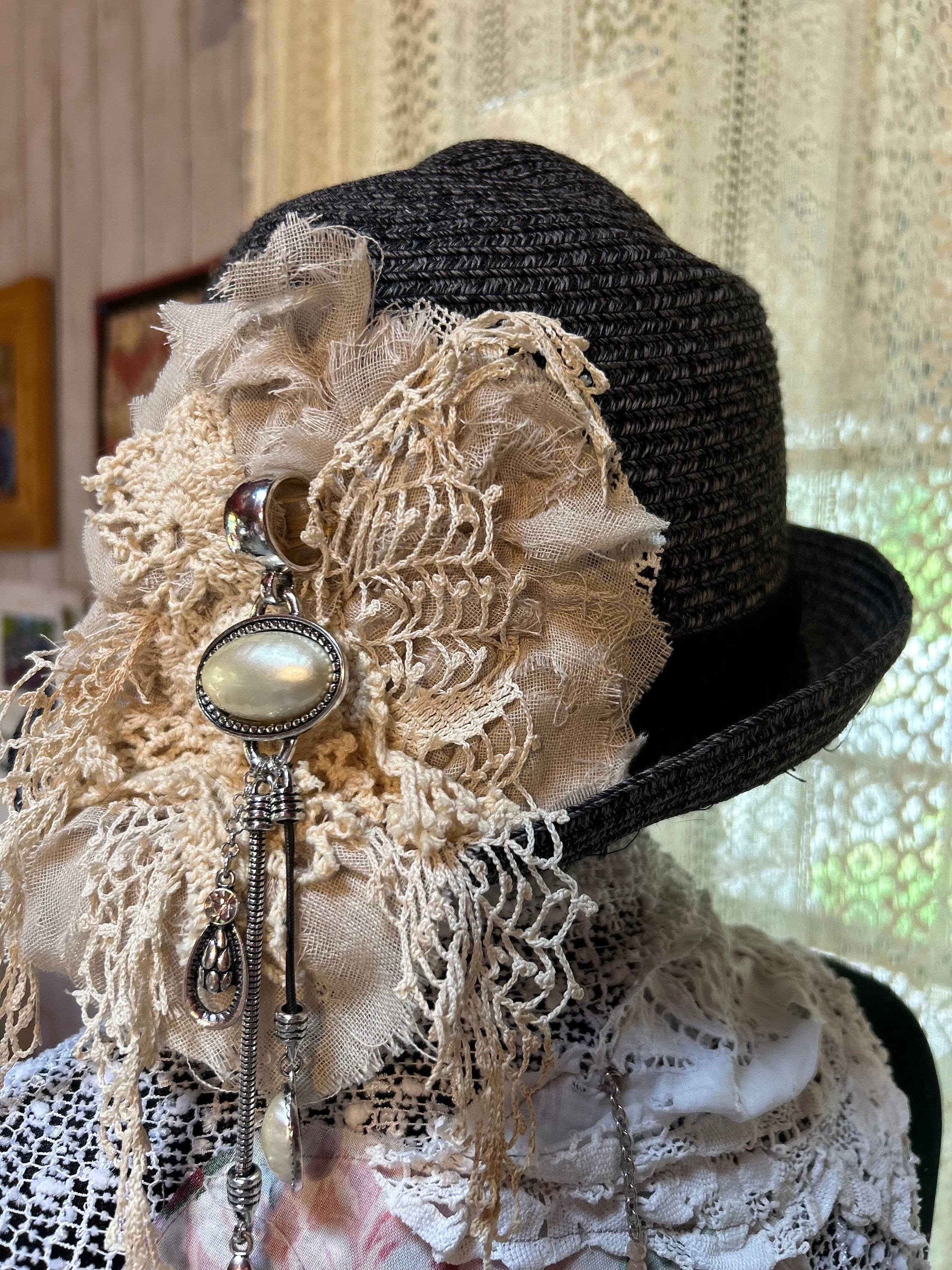 Upcycled BOHO Chic Feminine Fedora Hat Shabby Chic Bohemian Tattered ...