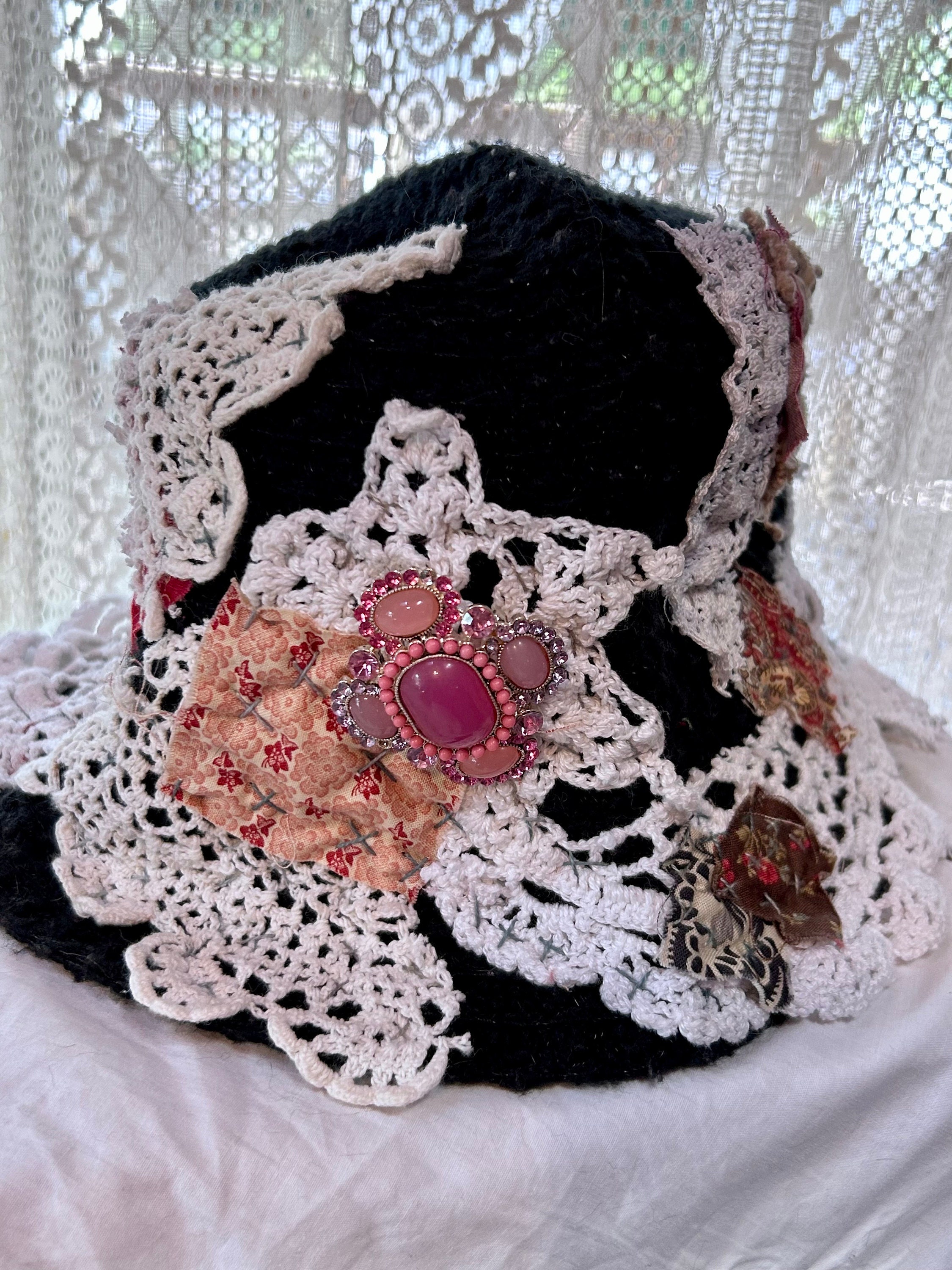 Upcycled Hat Black Bucket Style Shabby Chic BOHO Hat Refashioned and ...