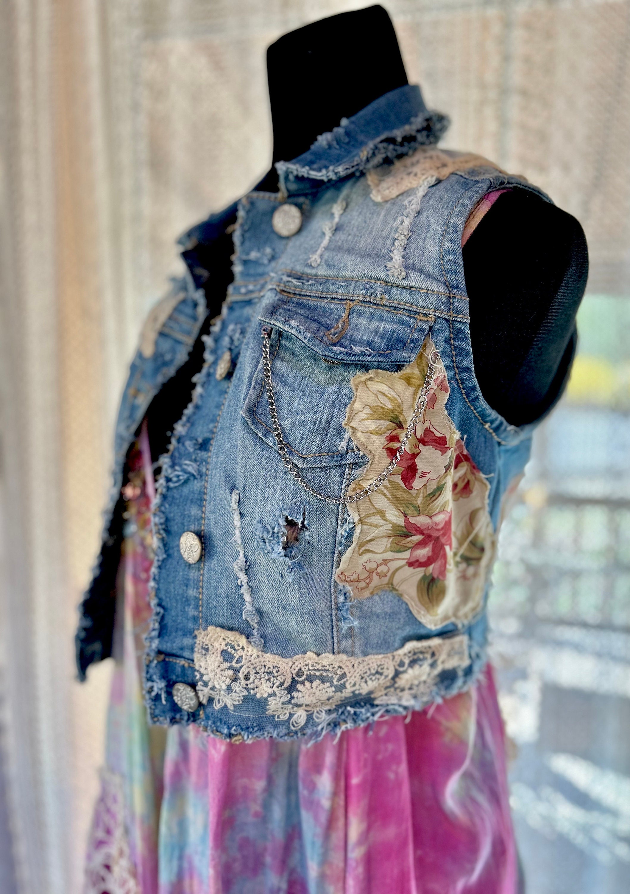 Upcycled Distressed Short Cropped Denim Jean Jacket Vest Hippie BOHO ...