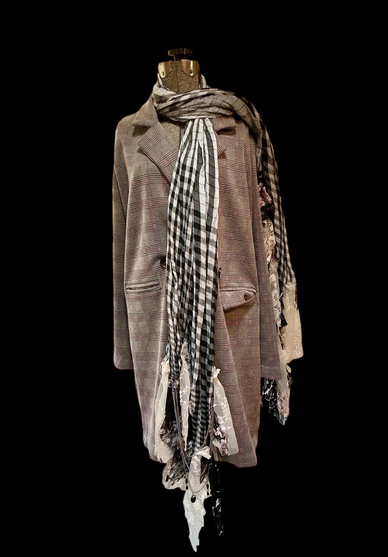 BOHO Upcycled Long Scarf Buffalo Check Black and White Laces With ...