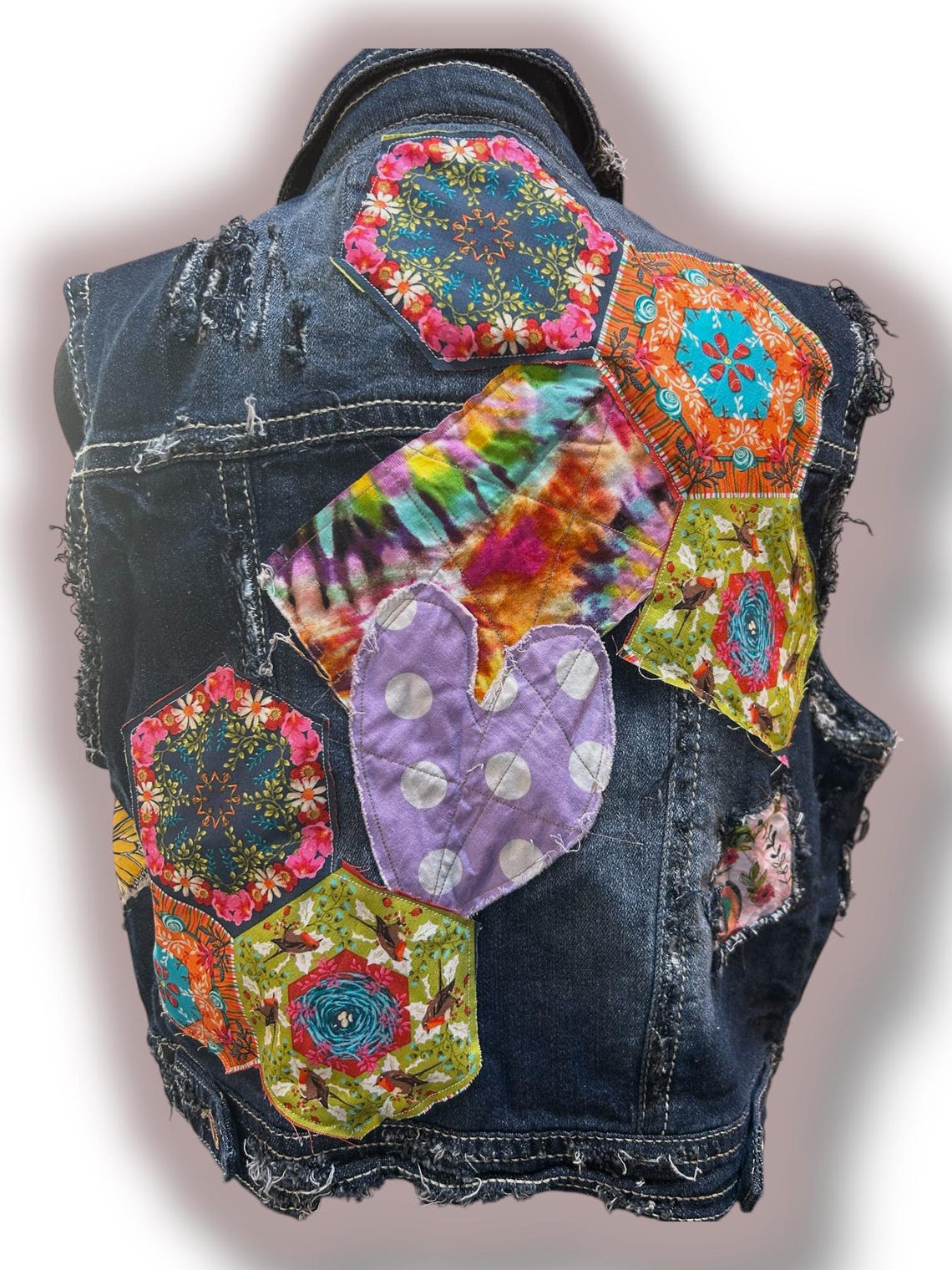 Hippie Patchwork Dark Blue Denim Distressed Vest Refashioned Womens or ...