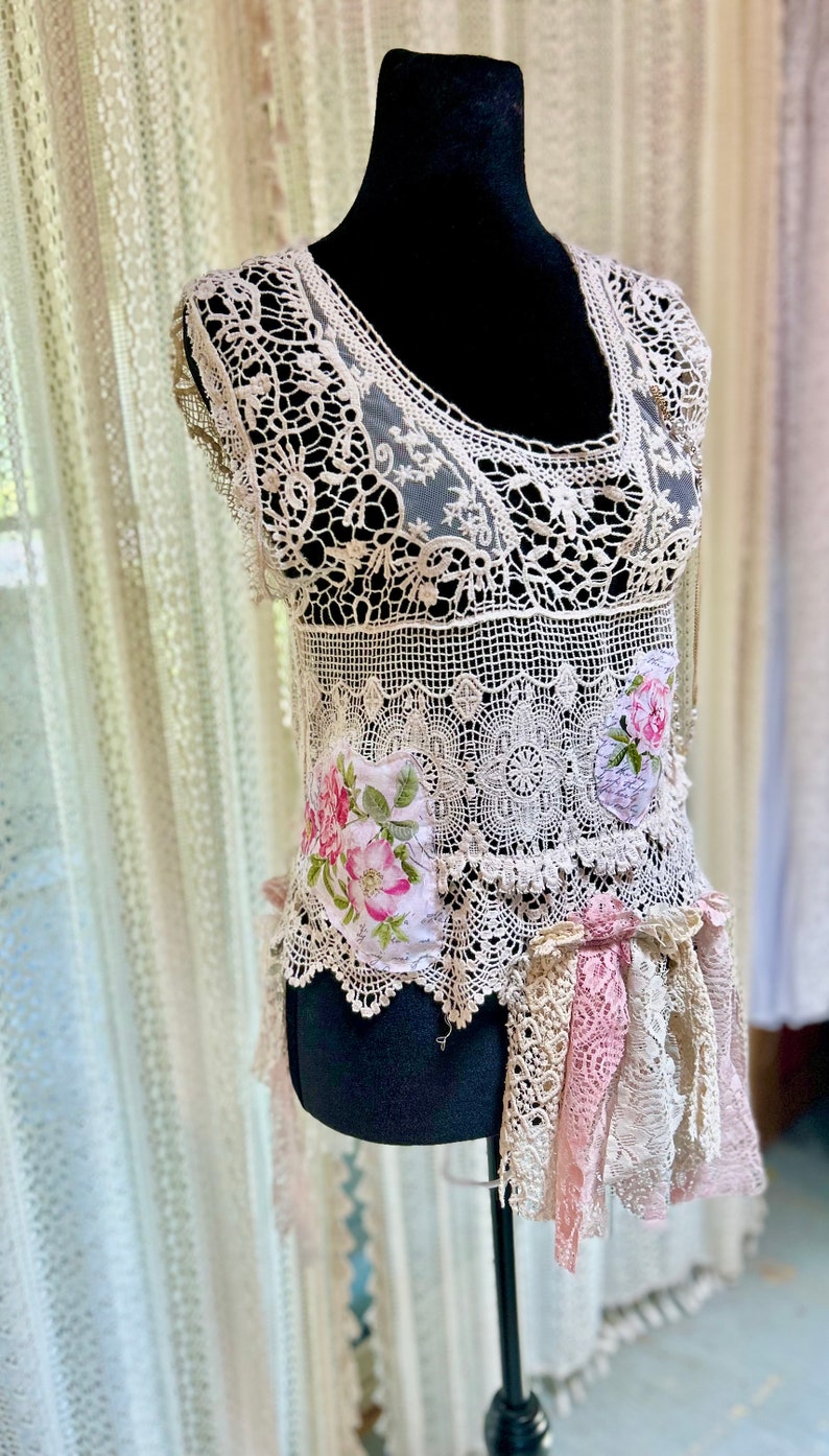 Romantic Tattered BOHO Chic Beach Tank Top Cream Crocheted Feminine ...