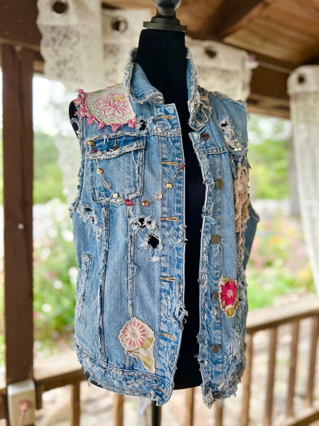 Upcycled Denim Jean Vest Hippie BOHO Womans Distressed Denim ...