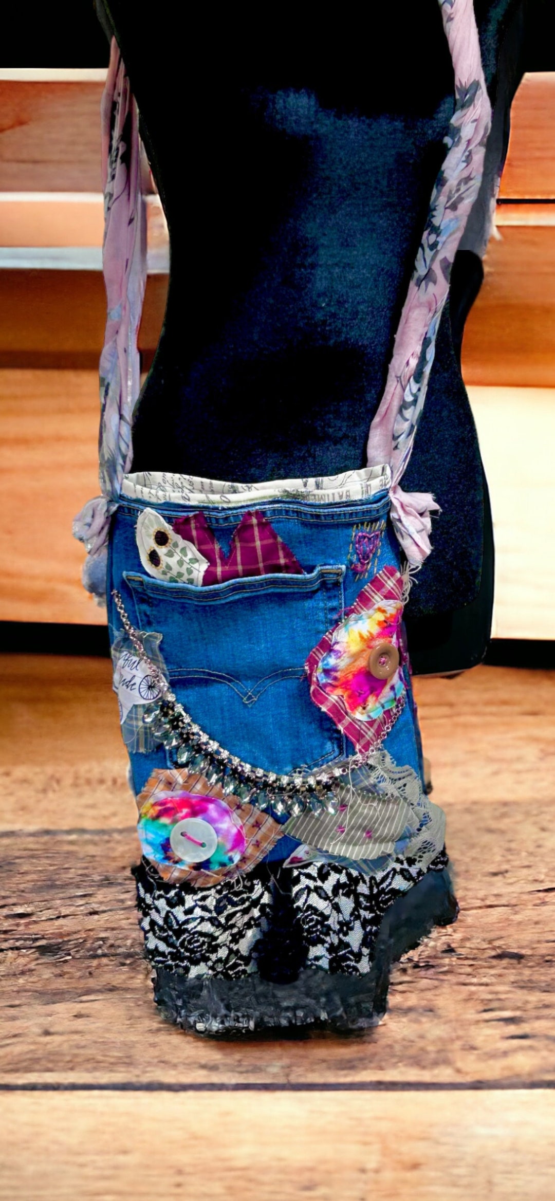 Upcycled Crossbody Hippie Denim Bag Shabby Chic BOHO Refashioned With ...