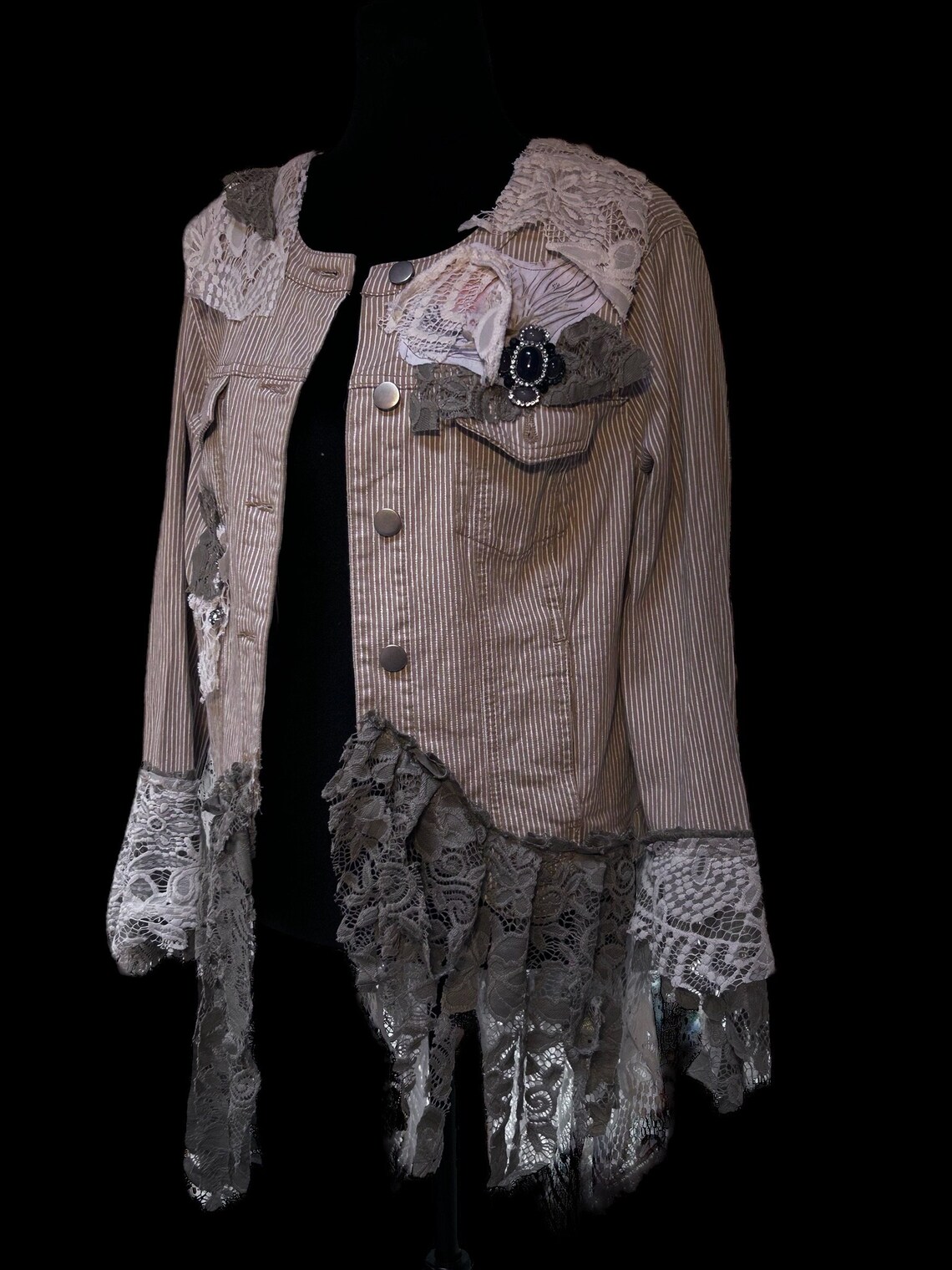 Upcycled Tattered Shabby Chic Denim Tan Taupe Pinstriped Jean Jacket ...