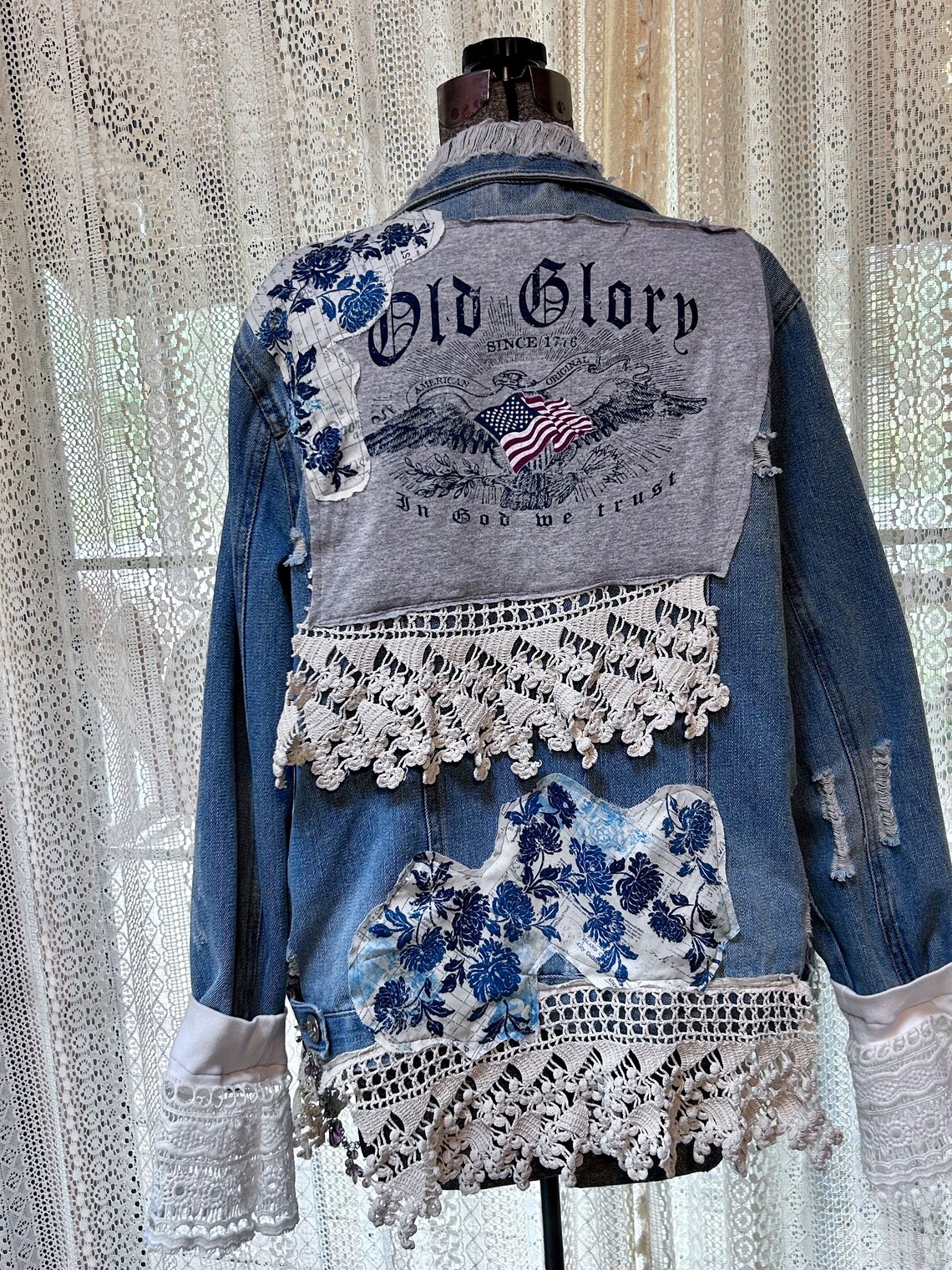Upcycled Denim Jean Jacket Wearable Art Hippie BOHO Distressed Jacket ...