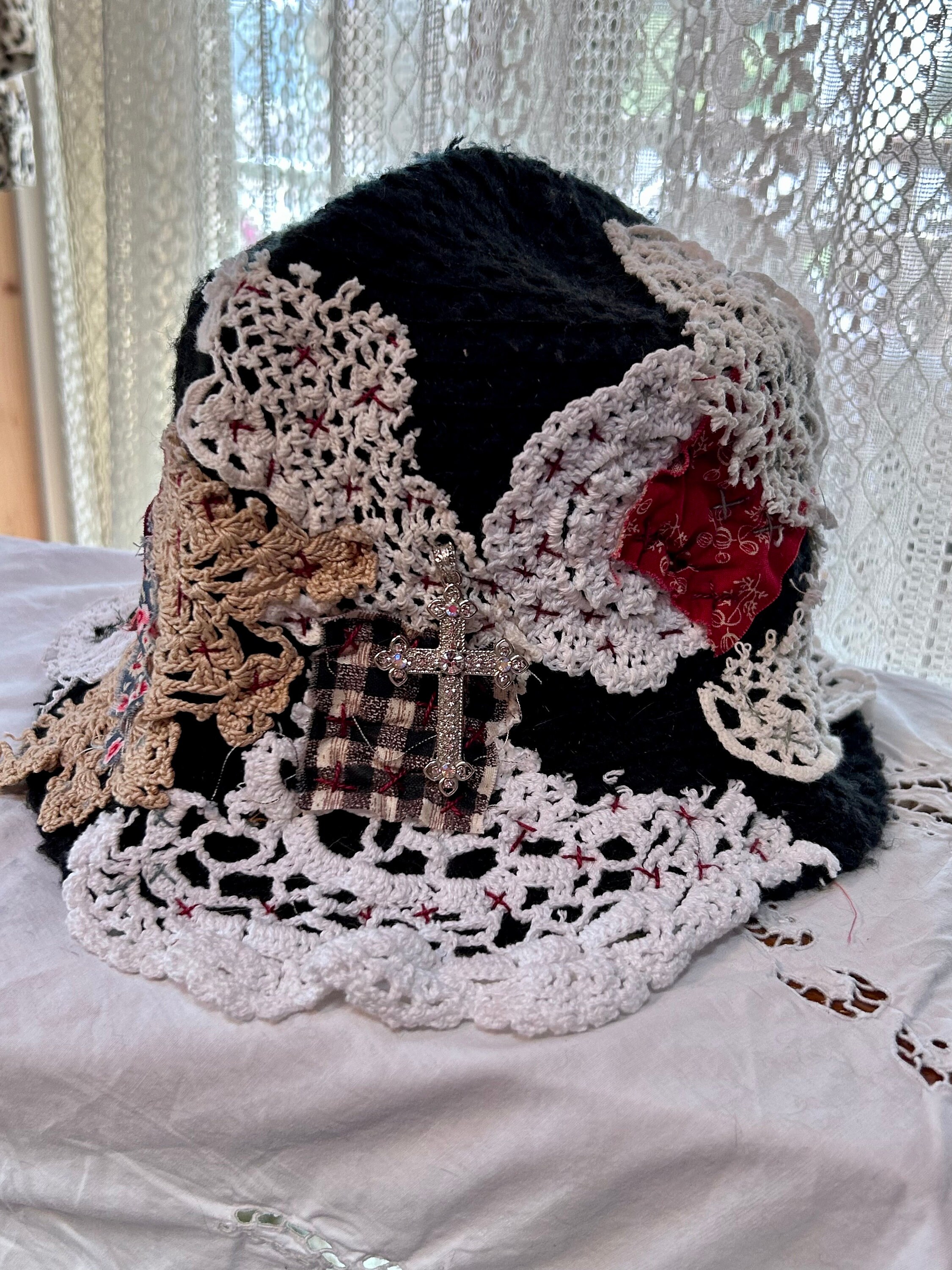 Upcycled Hat Black Bucket Style Shabby Chic BOHO Hat Refashioned and ...