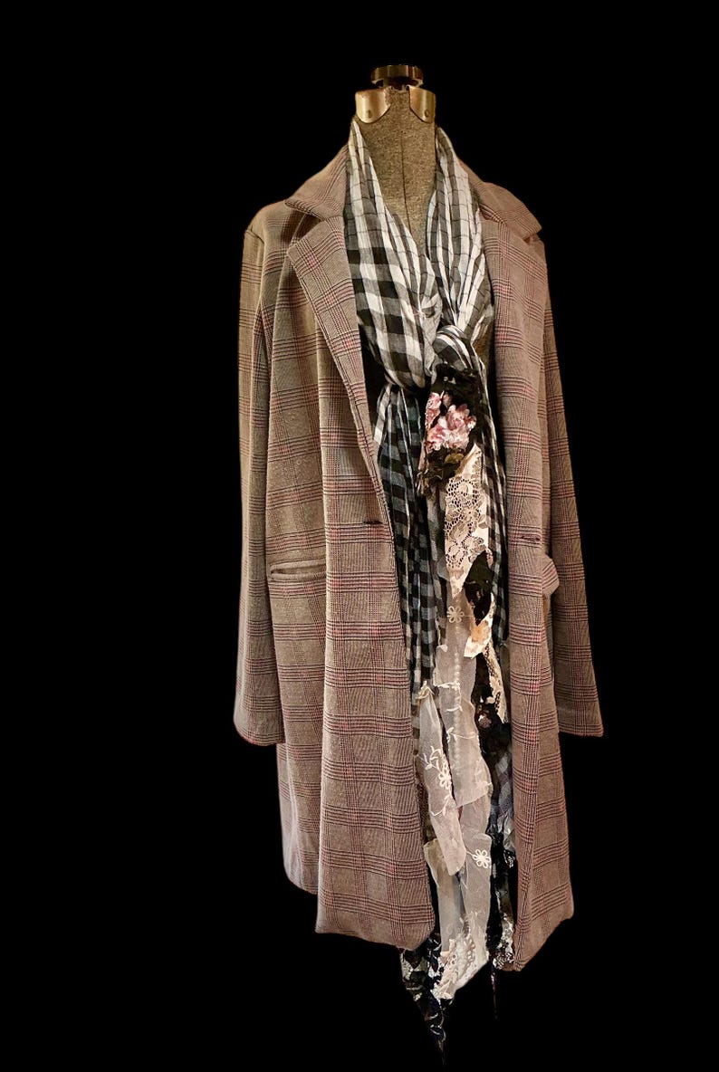 BOHO Upcycled Long Scarf Buffalo Check Black and White Laces With ...