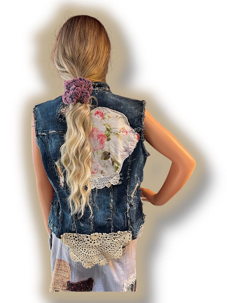 Denim Jean Vest Distressed Hippie BOHO Frayed Refashioned Embellished ...