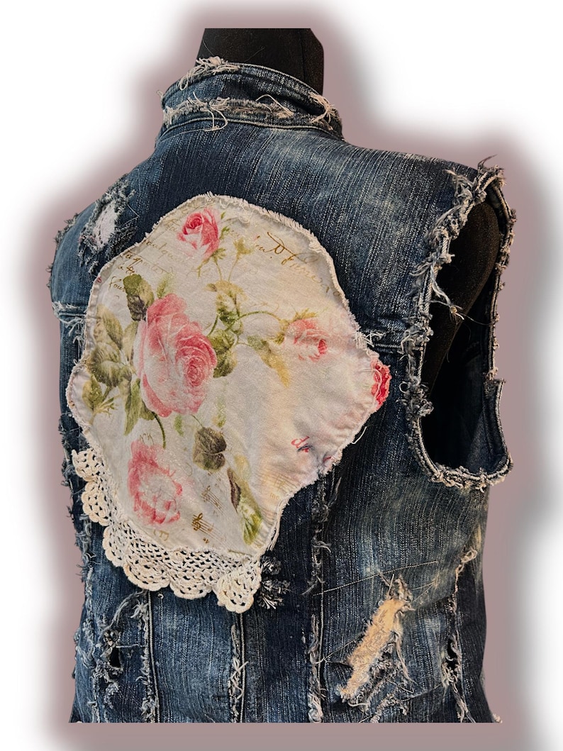 Denim Jean Vest Distressed Hippie BOHO Frayed Refashioned Embellished ...