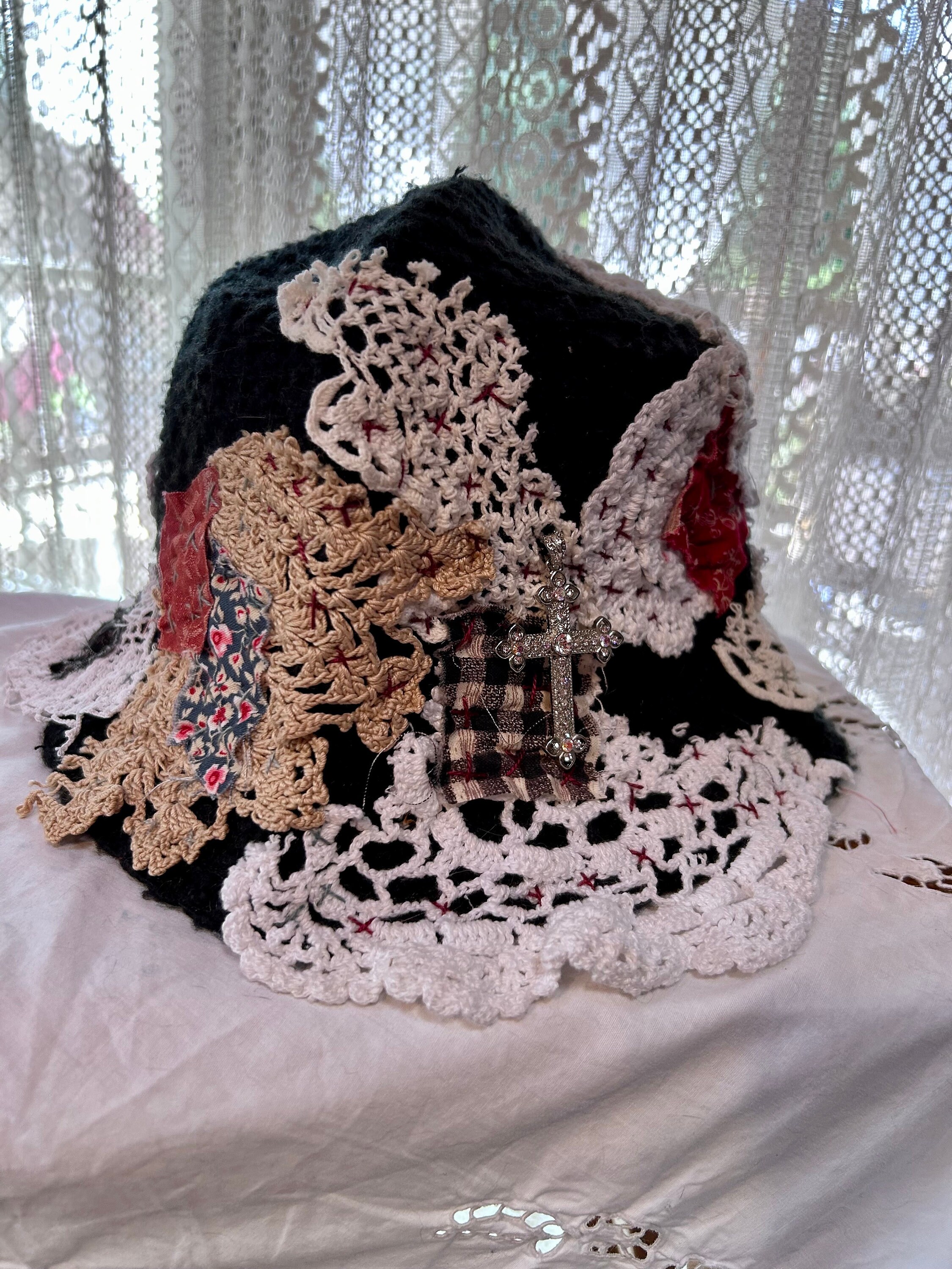 Upcycled Hat Black Bucket Style Shabby Chic BOHO Hat Refashioned and ...