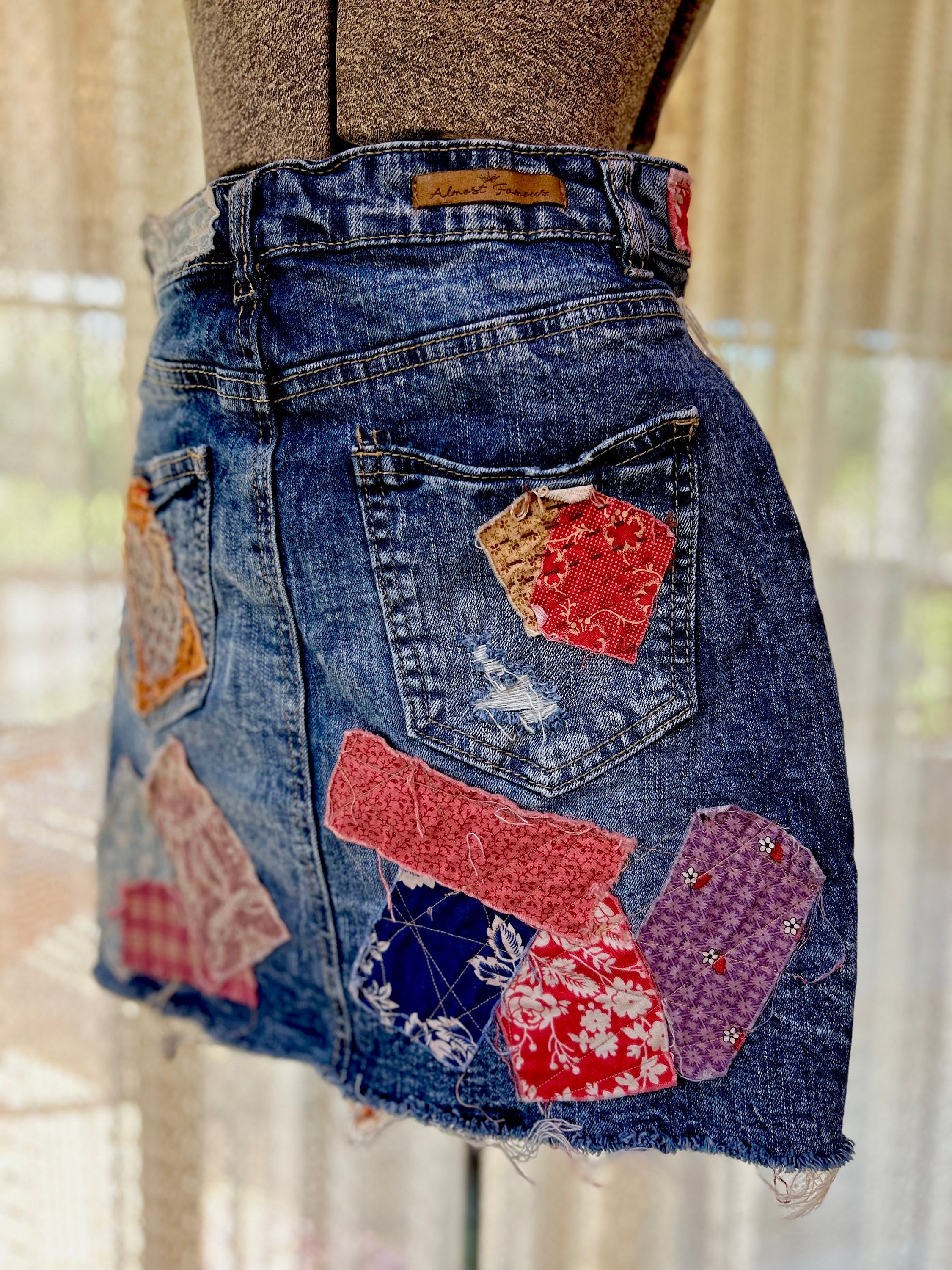 Denim Skirt Patchwork Blue Size 4/distressed/summer Fashion/wearable ...