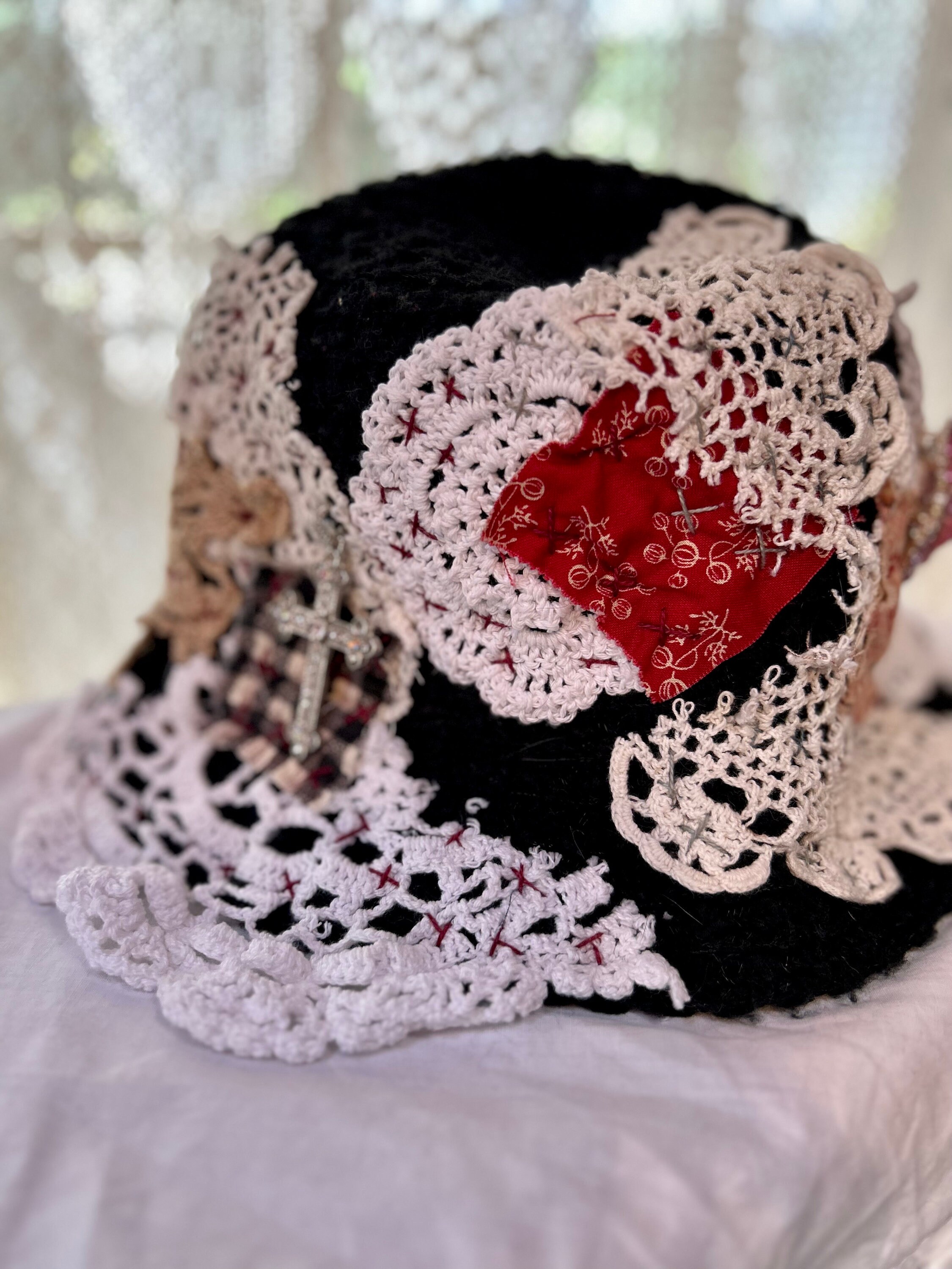 Upcycled Hat Black Bucket Style Shabby Chic BOHO Hat Refashioned and ...