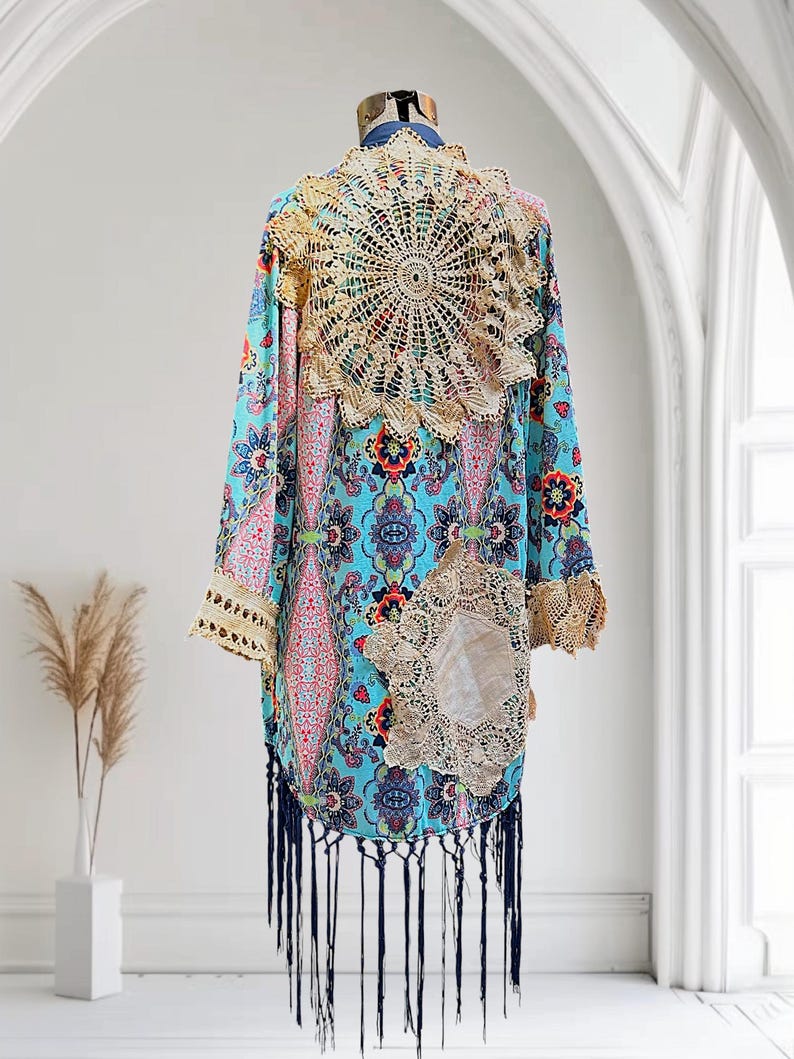 Refashioned Hippie Jacket: Vintage Doily Patches, Navy Fringes - Size S ...