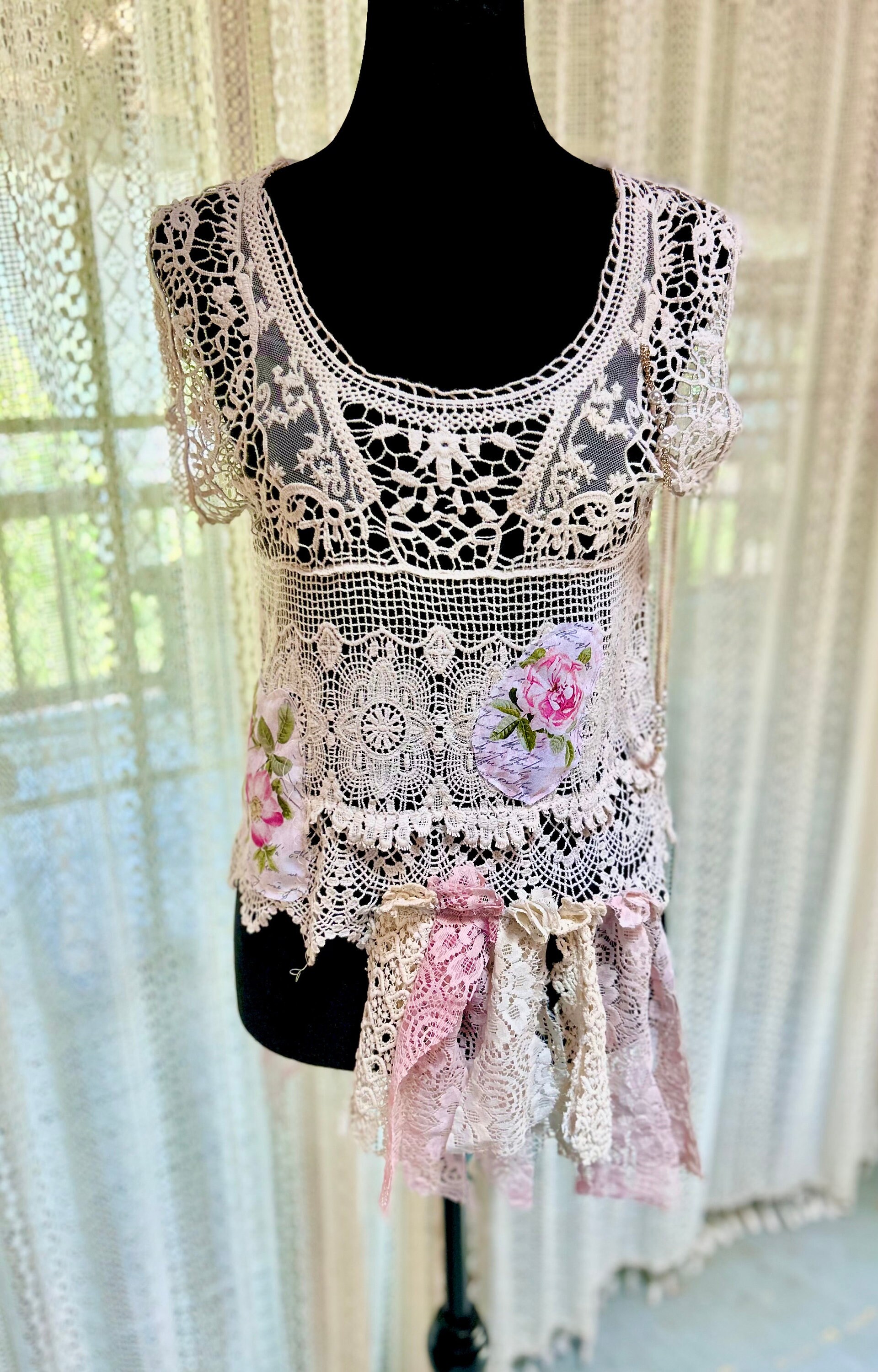 Romantic Tattered BOHO Chic Beach Tank Top Cream Crocheted Feminine ...