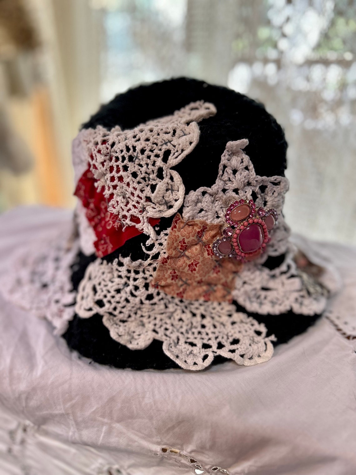 Upcycled Hat Black Bucket Style Shabby Chic BOHO Hat Refashioned and ...