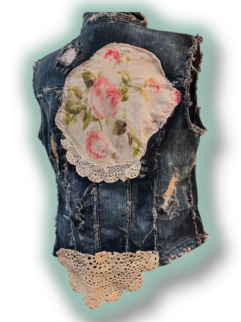 Denim Jean Vest Distressed Hippie BOHO Frayed Refashioned Embellished ...