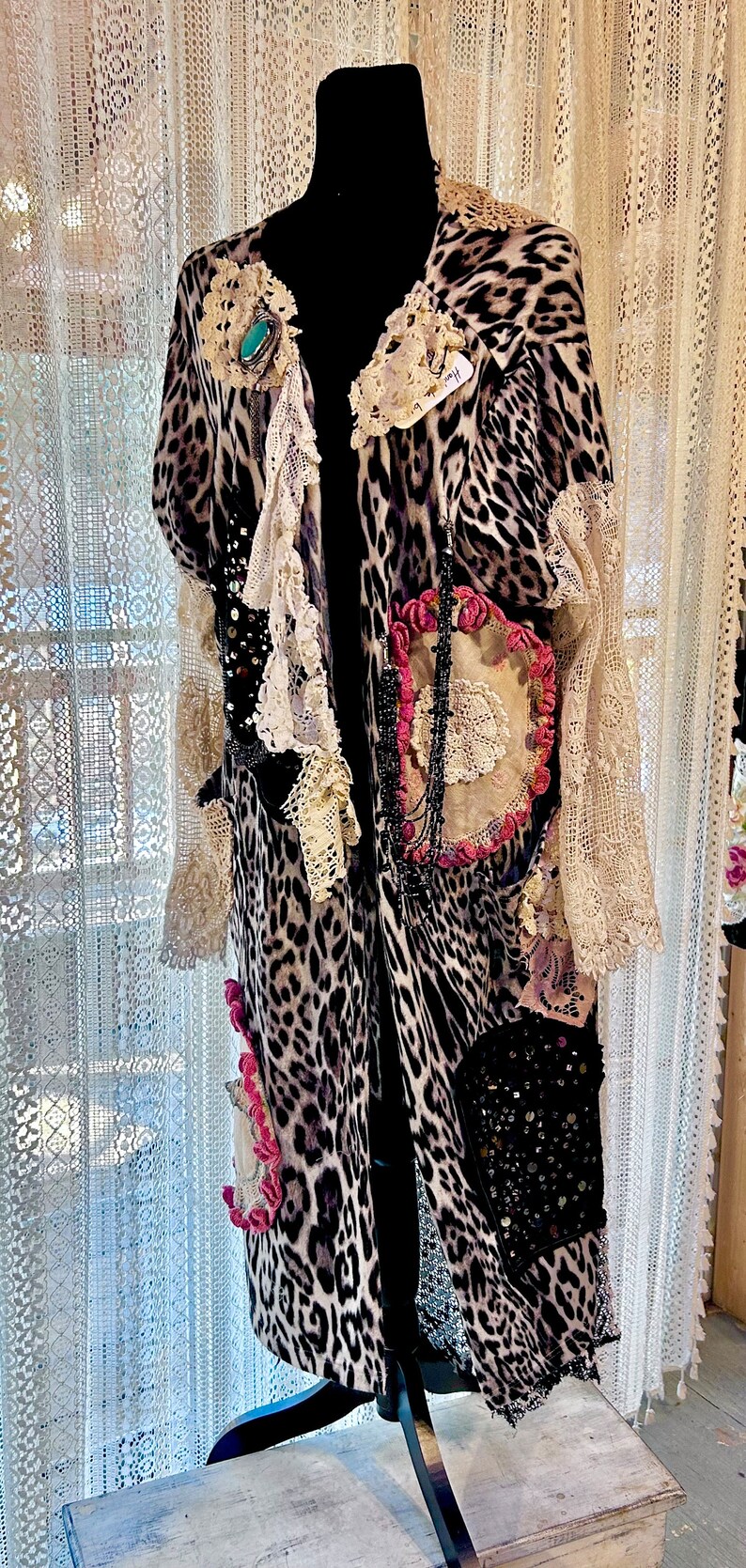 Upcycled Cardigan Long Cheetah Print Flowy Duster Jacket Shabby Chic ...