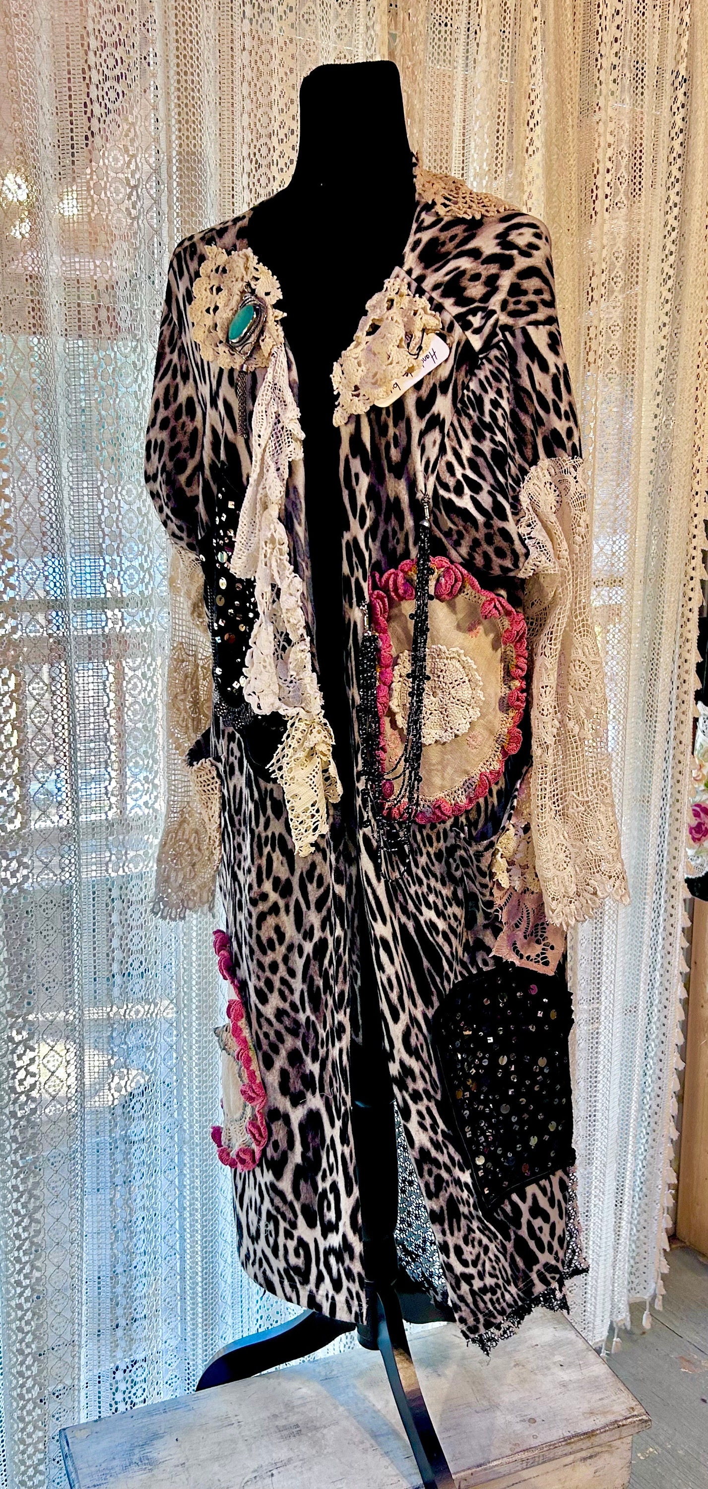 Upcycled Cardigan Long Cheetah Print Flowy Duster Jacket Shabby Chic ...