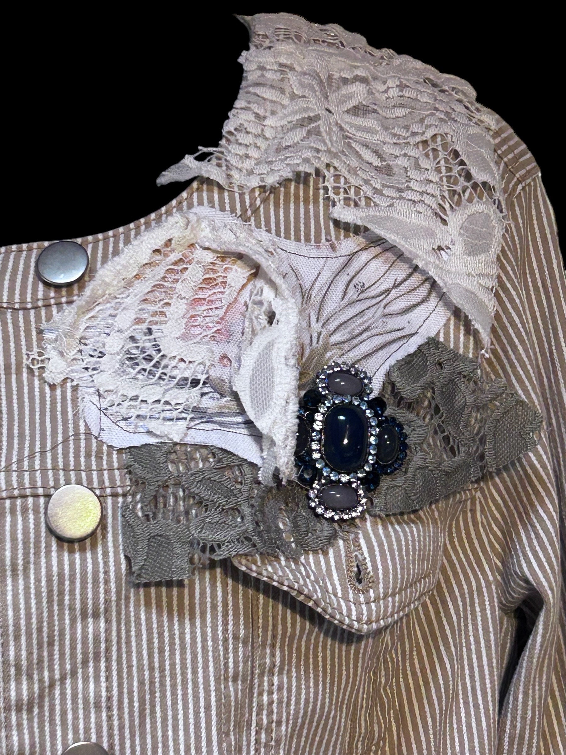 Upcycled Tattered Shabby Chic Denim Tan Taupe Pinstriped Jean Jacket ...