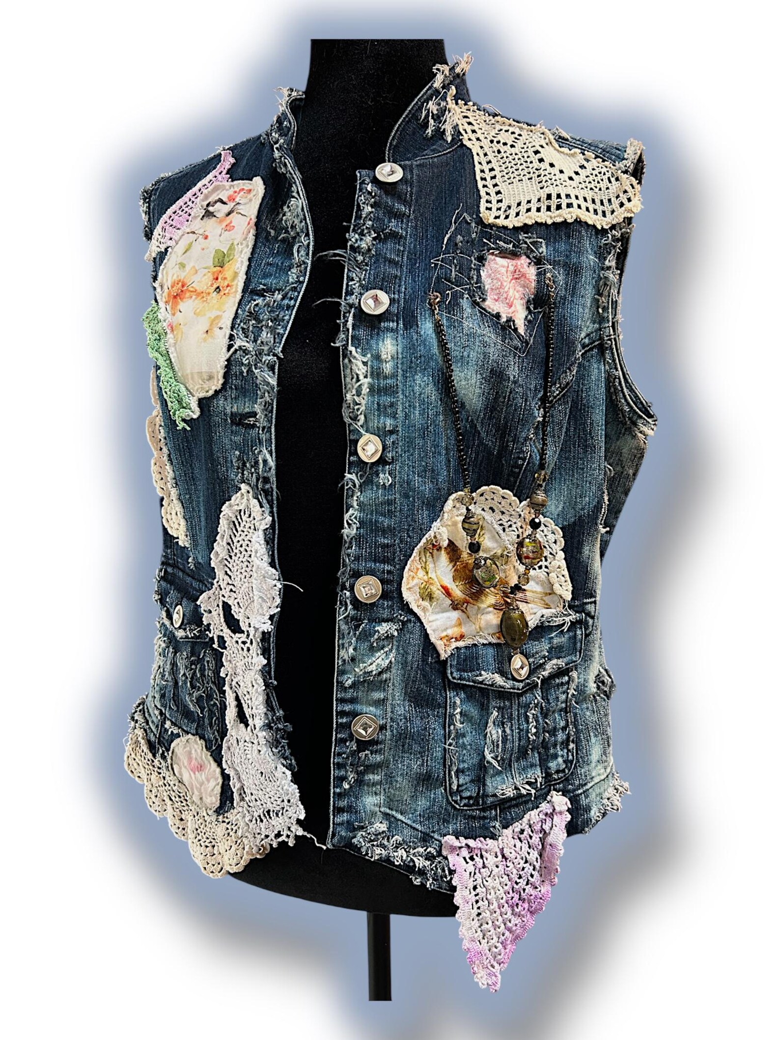 Denim Jean Vest Distressed Hippie BOHO Frayed Refashioned Embellished ...
