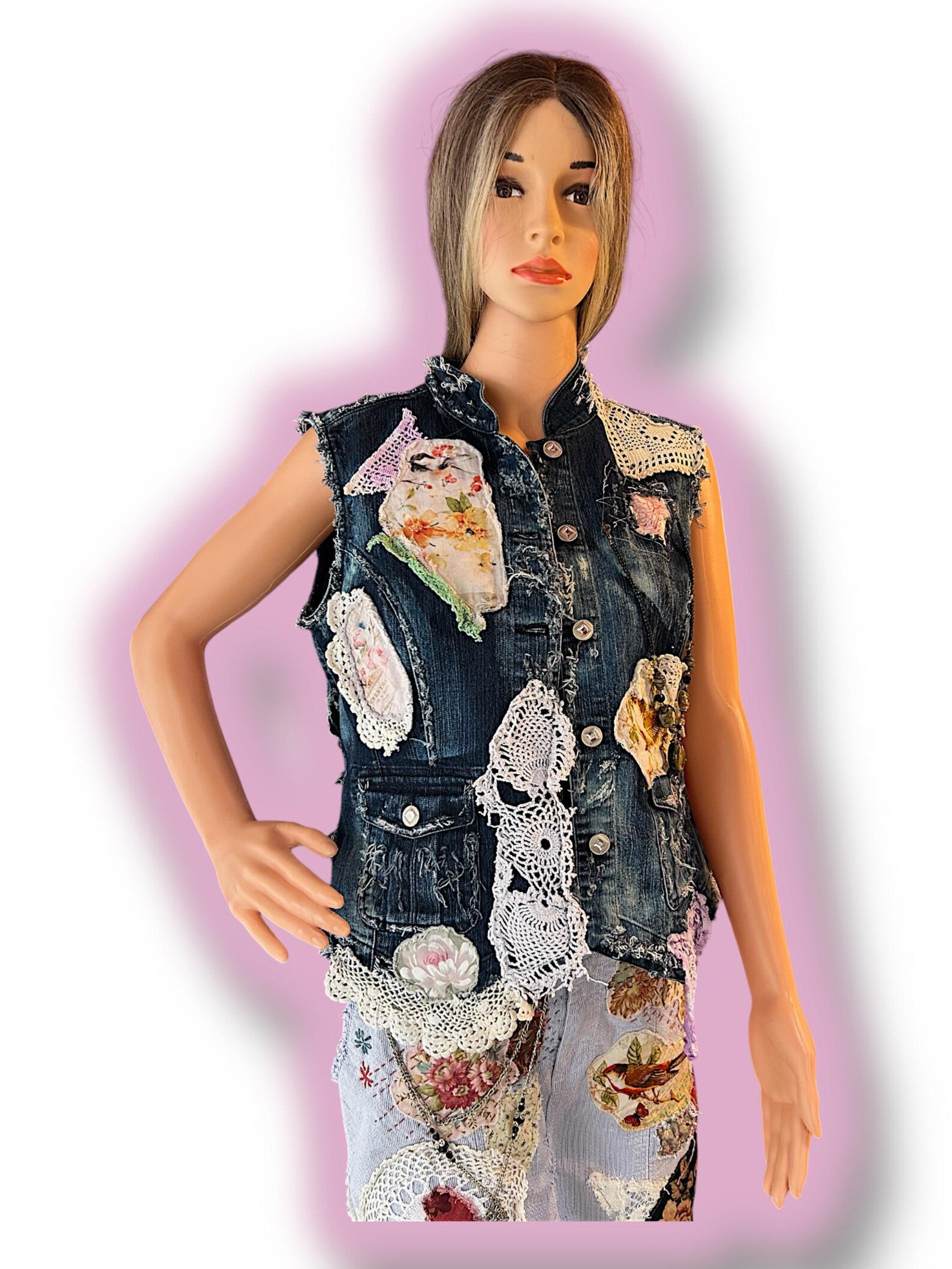 Denim Jean Vest Distressed Hippie BOHO Frayed Refashioned Embellished ...