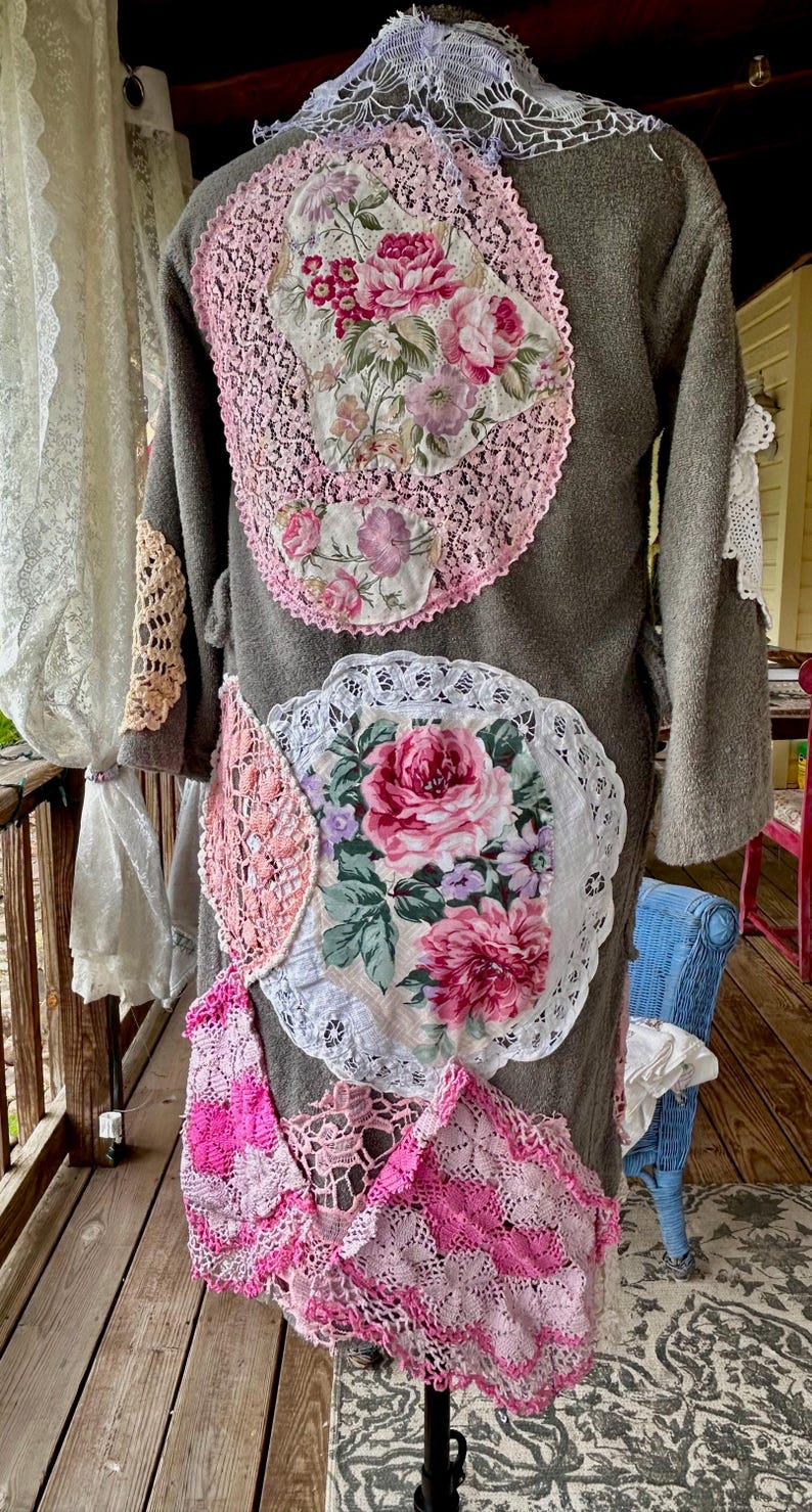 Women’s Robe Bohemian Patches of Roses Accented With Doiles Refashioned ...