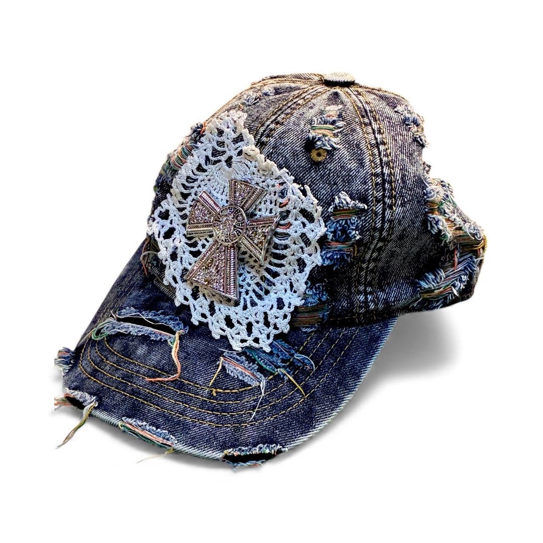 Upcycled Denim Ball Cap: Distressed Hat With Cross Embellishment - Etsy
