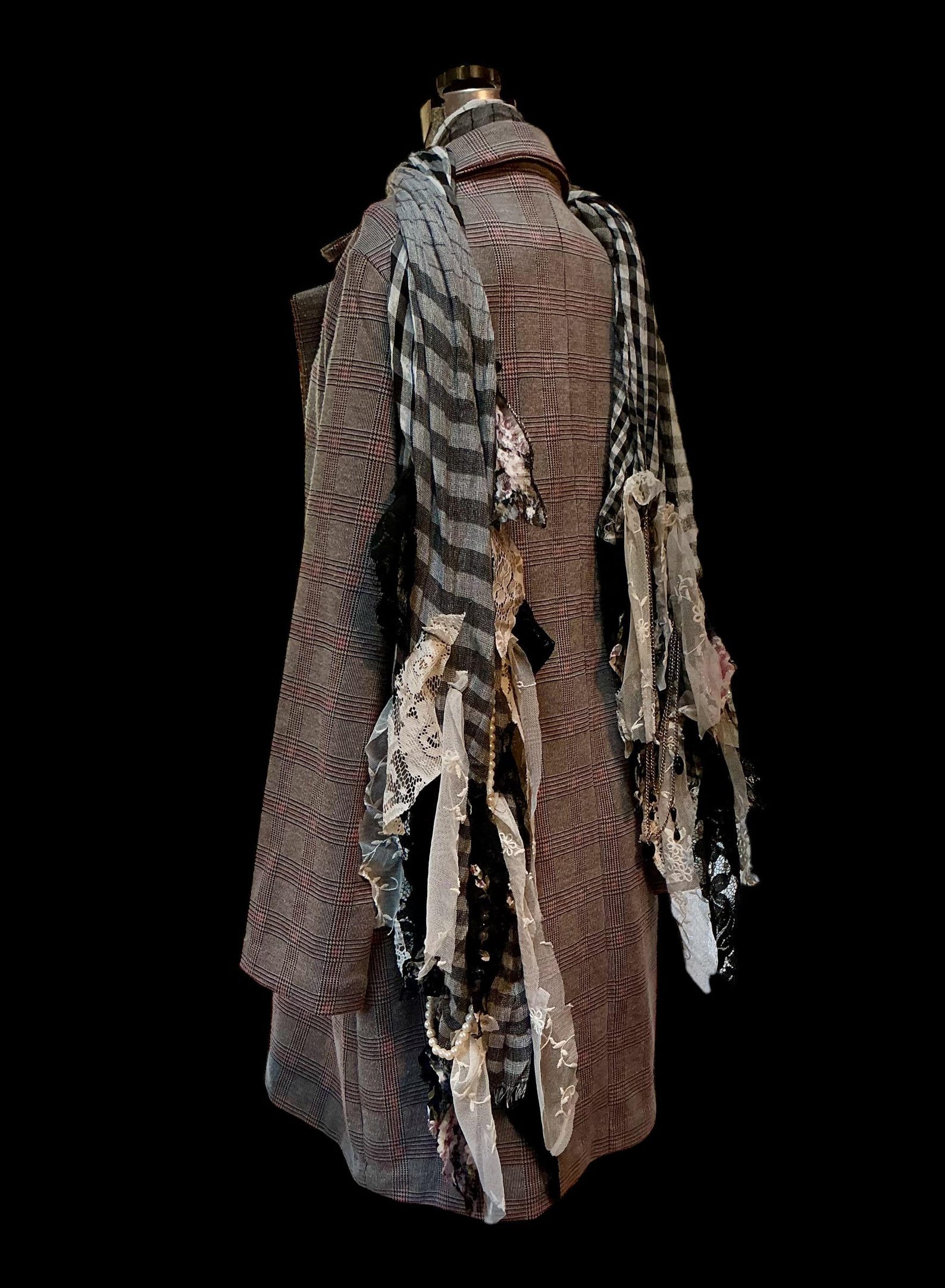 BOHO Upcycled Long Scarf Buffalo Check Black and White Laces With ...