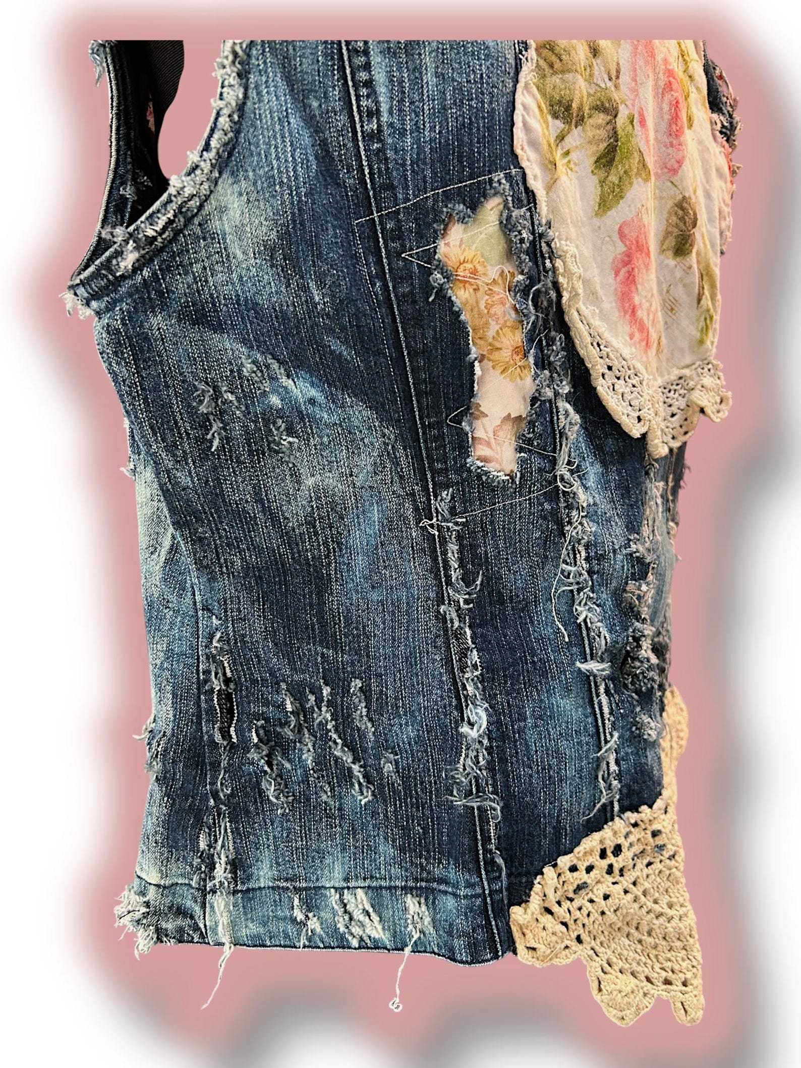 Denim Jean Vest Distressed Hippie BOHO Frayed Refashioned Embellished ...