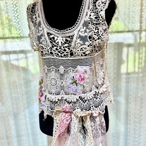 Romantic Tattered BOHO Chic Beach Tank Top Cream Crocheted Feminine ...