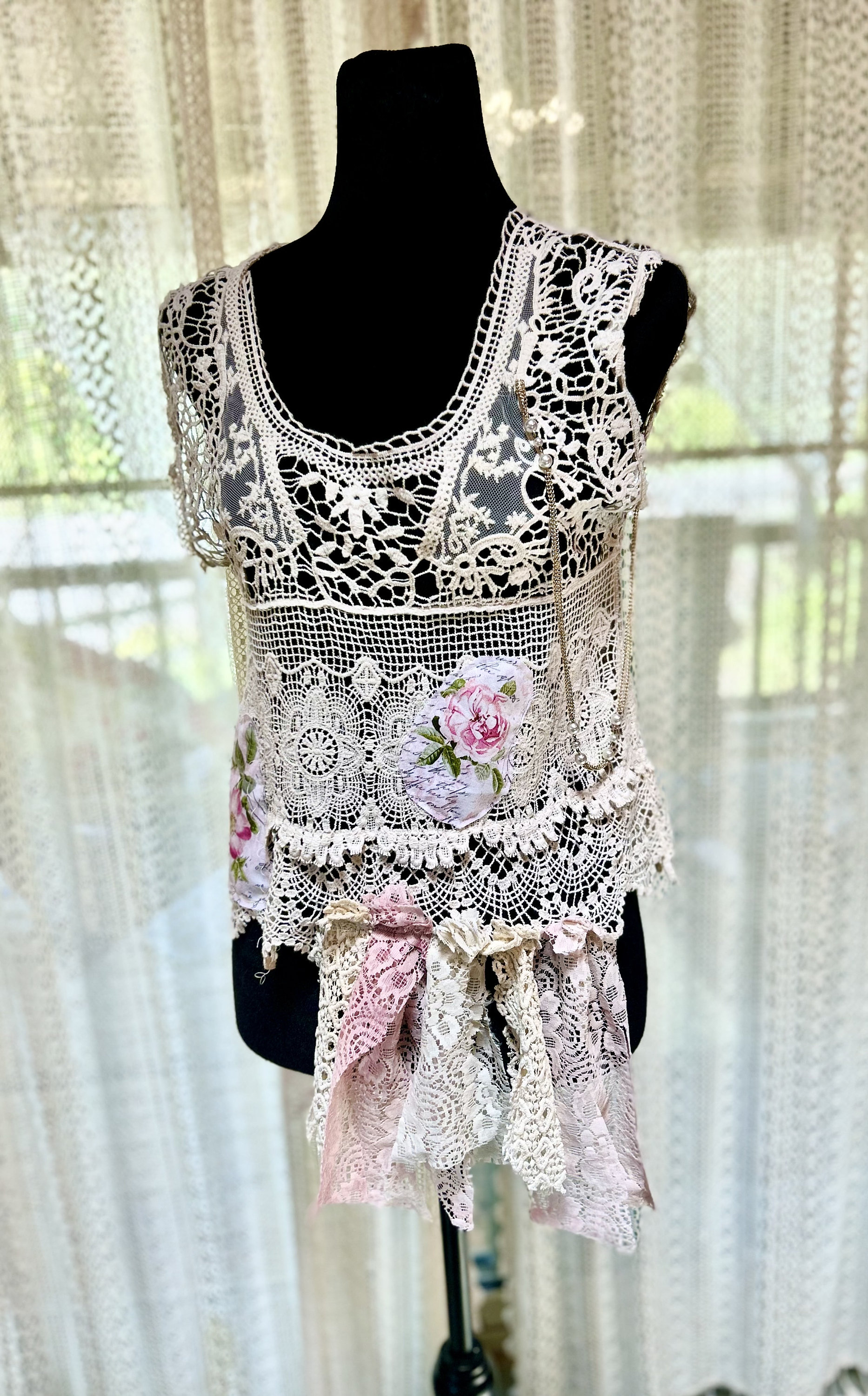 Romantic Tattered BOHO Chic Beach Tank Top Cream Crocheted Feminine ...