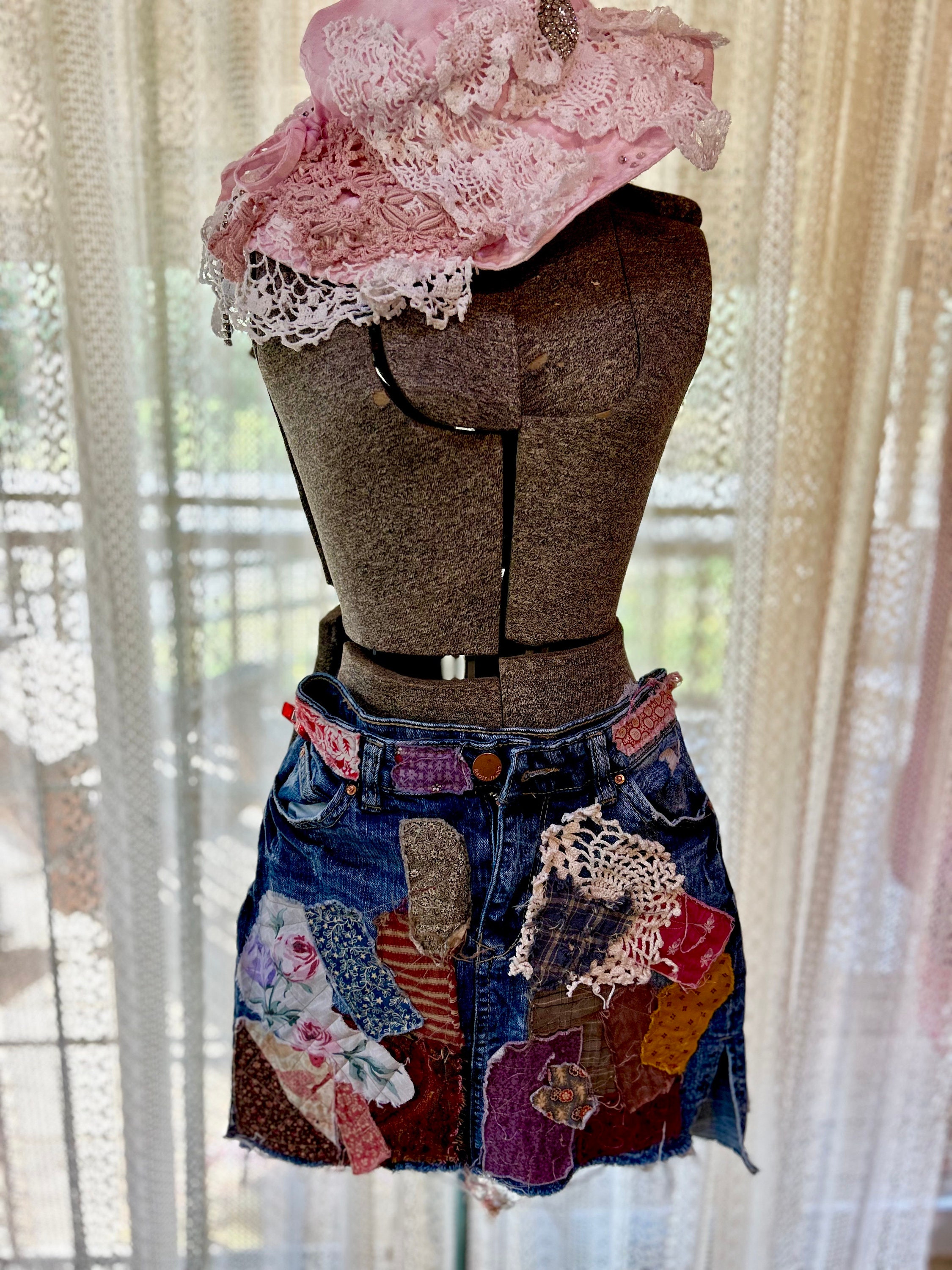 Denim Skirt Patchwork Blue Size 4/distressed/summer Fashion/wearable ...