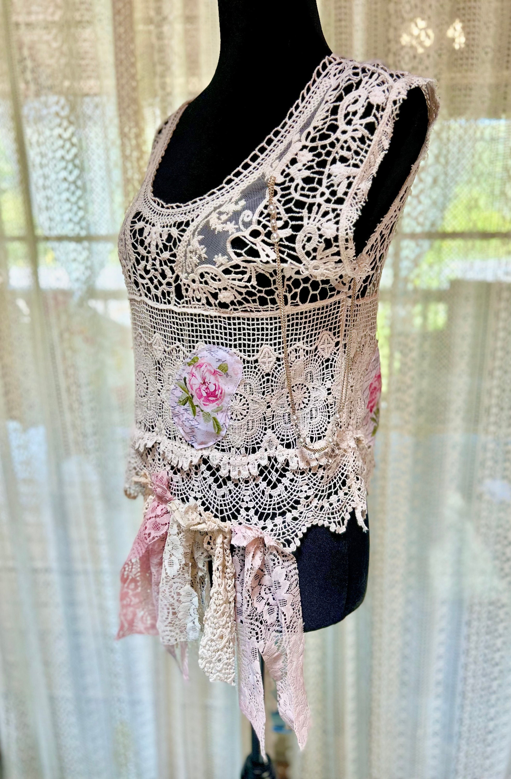 Romantic Tattered BOHO Chic Beach Tank Top Cream Crocheted Feminine ...