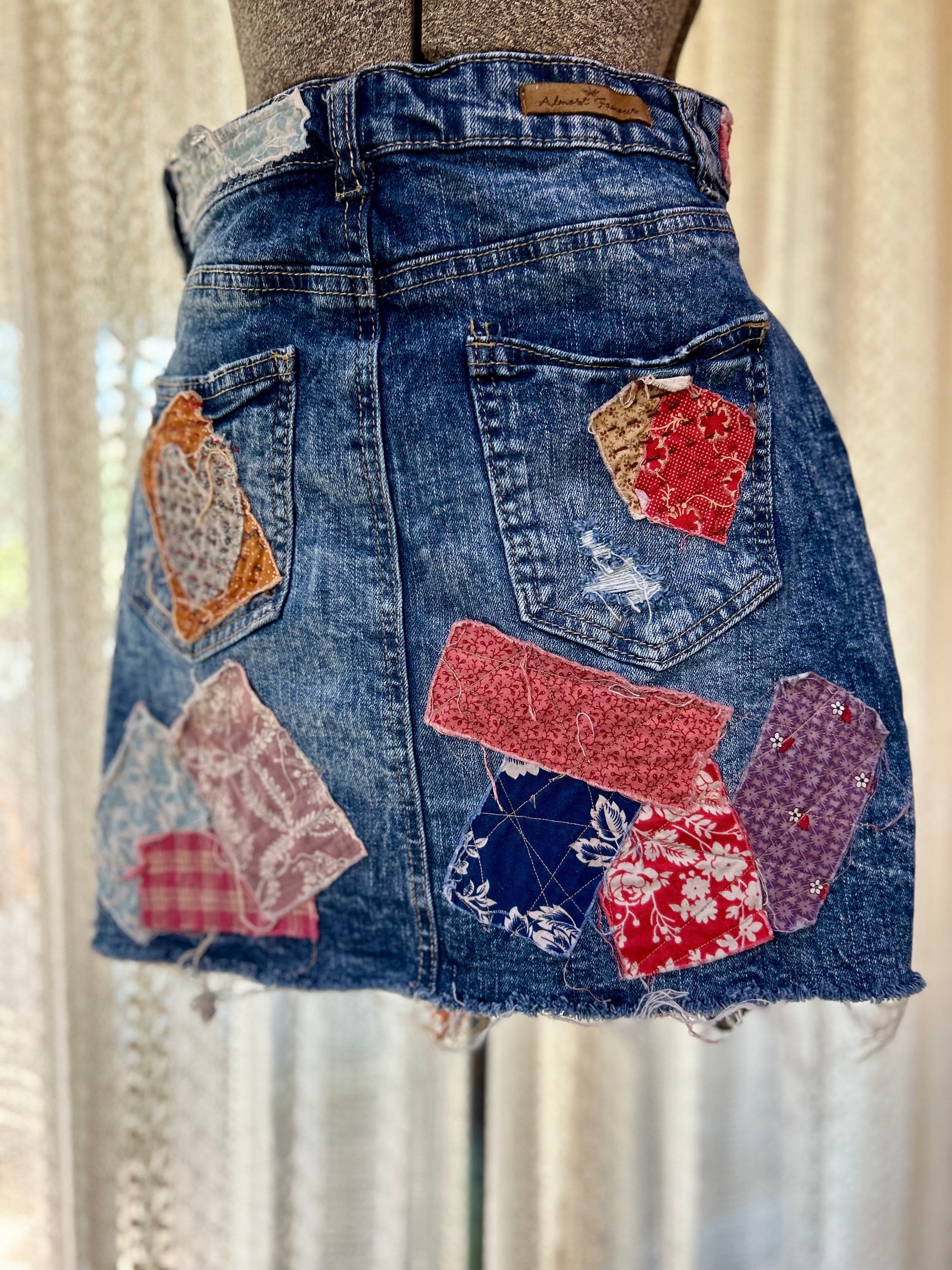 Denim Skirt Patchwork Blue Size 4/distressed/summer Fashion/wearable ...