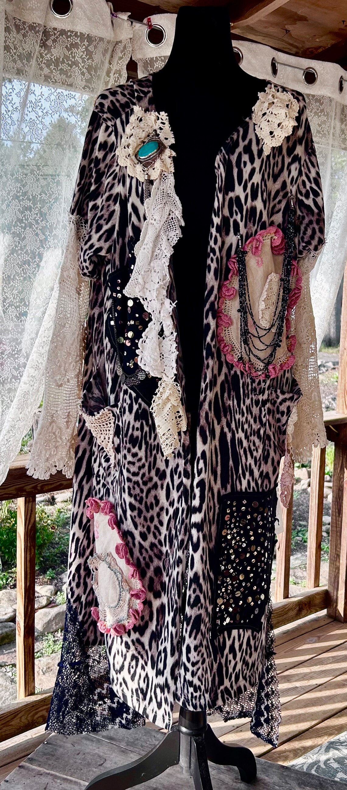 Upcycled Cardigan Long Cheetah Print Flowy Duster Jacket Shabby Chic ...
