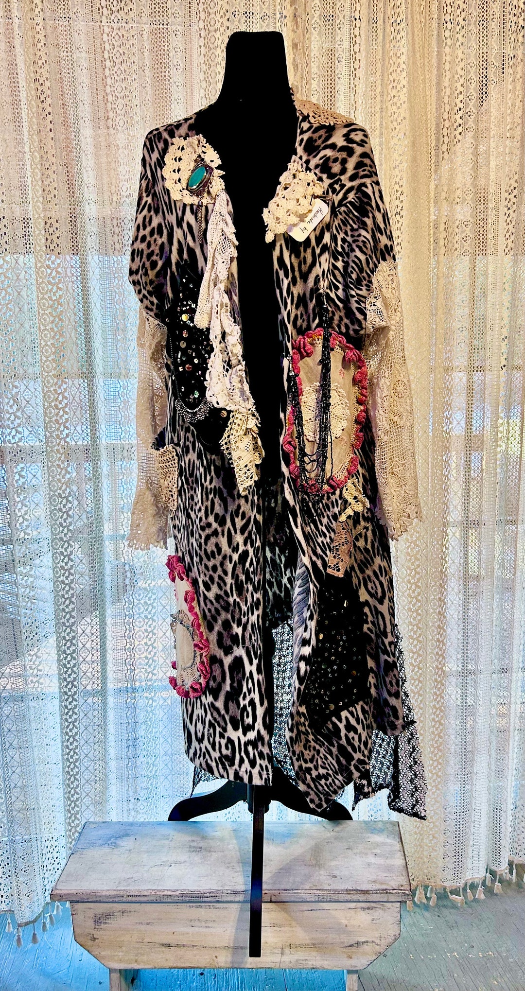 Upcycled Cardigan Long Cheetah Print Flowy Duster Jacket Shabby Chic ...
