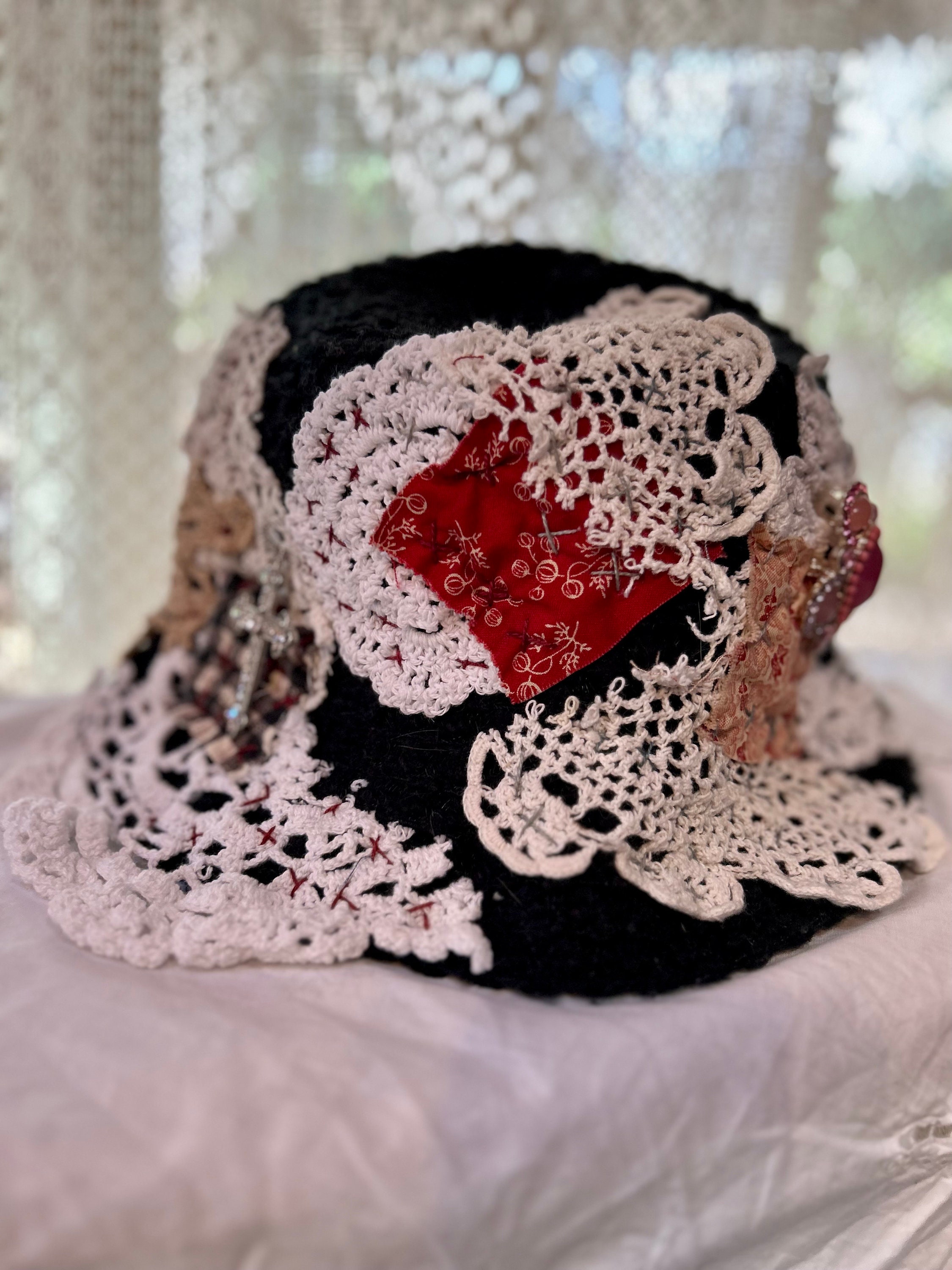Upcycled Hat Black Bucket Style Shabby Chic BOHO Hat Refashioned and ...
