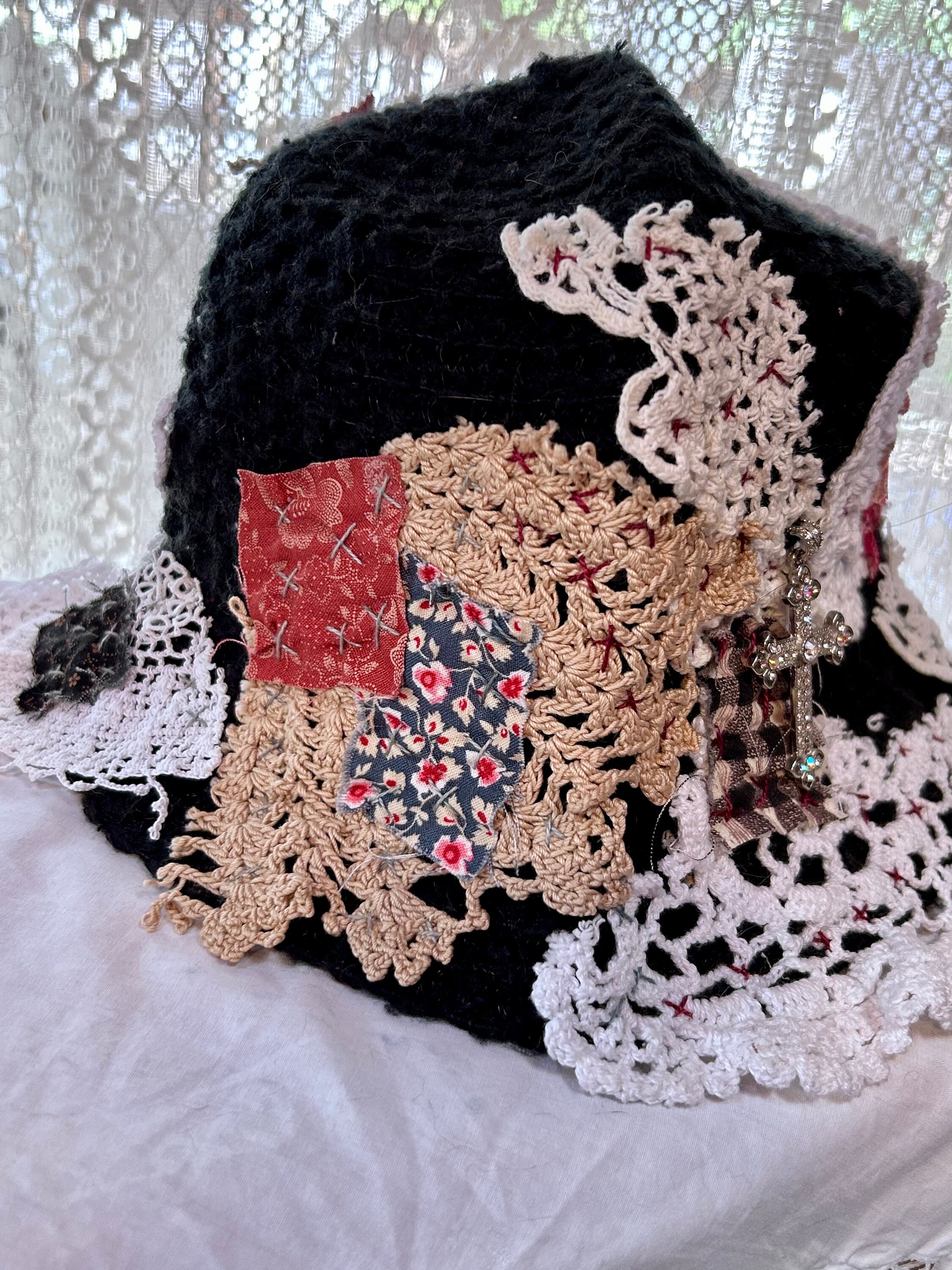 Upcycled Hat Black Bucket Style Shabby Chic BOHO Hat Refashioned and ...