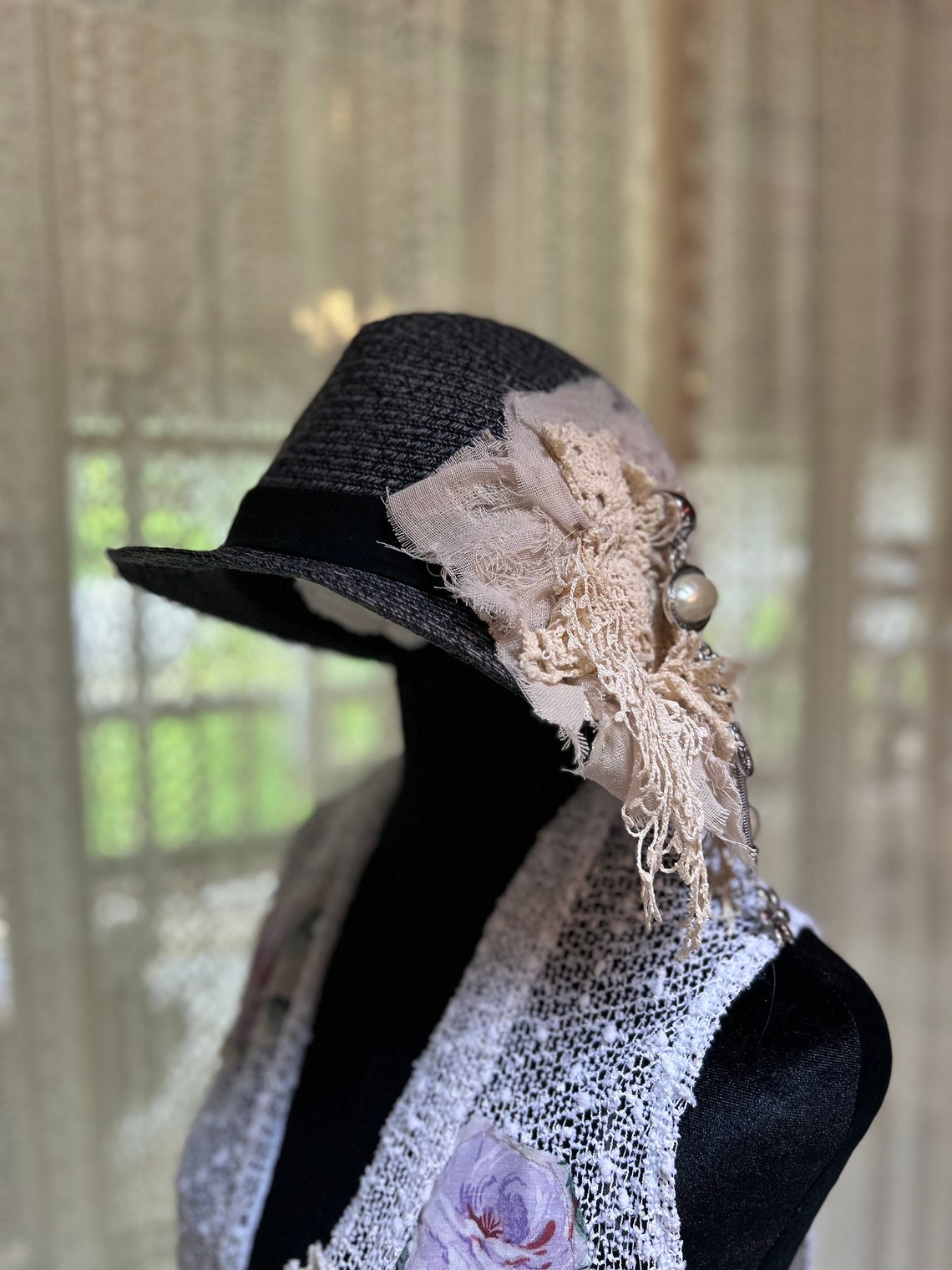 Upcycled BOHO Chic Feminine Fedora Hat Shabby Chic Bohemian Tattered ...