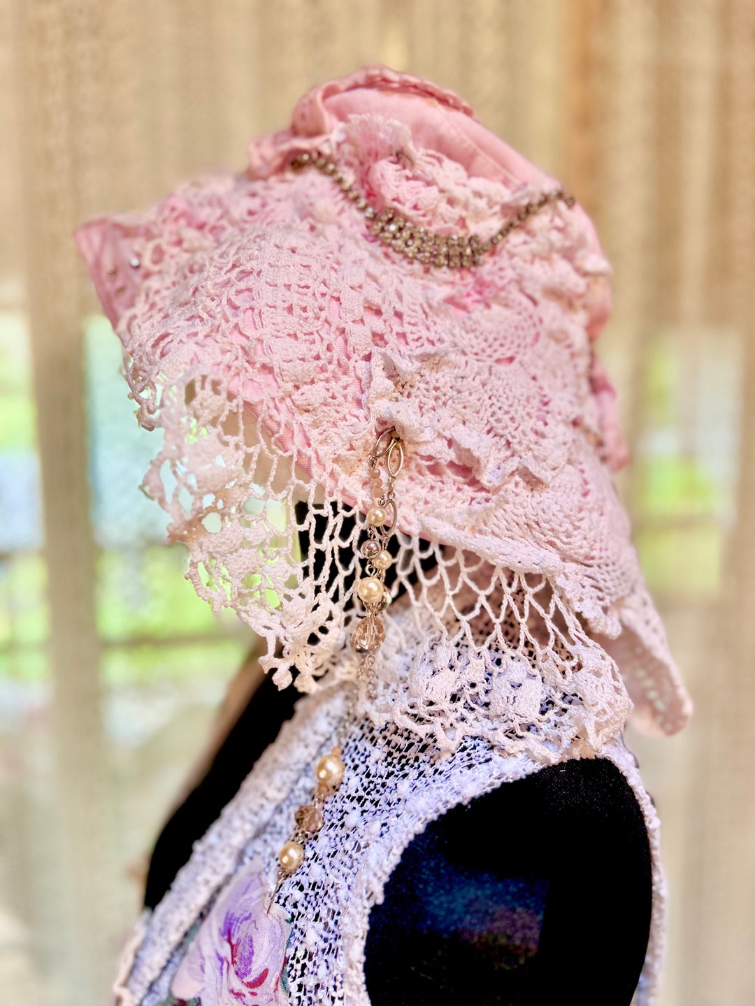 Upcycled Boho Pink Hat: Crocheted Doilies, Jewelry Embellished (size S ...