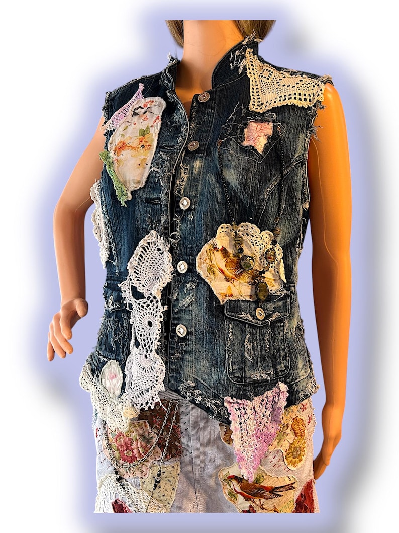 Denim Jean Vest Distressed Hippie BOHO Frayed Refashioned Embellished ...