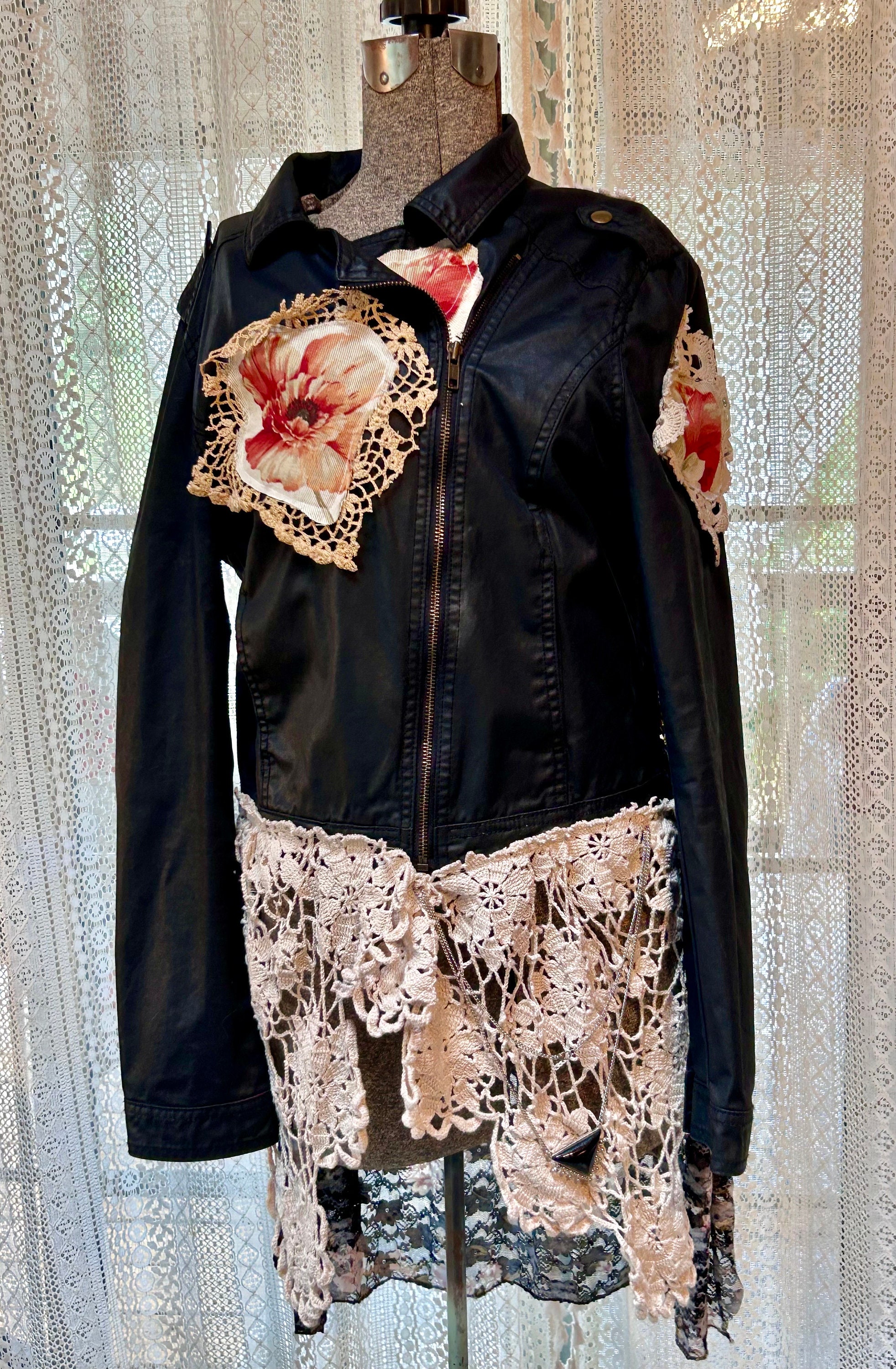 Upcycled Faux Leather Patchwork Jacket: Boho Roses Appliqués, Size L - Etsy