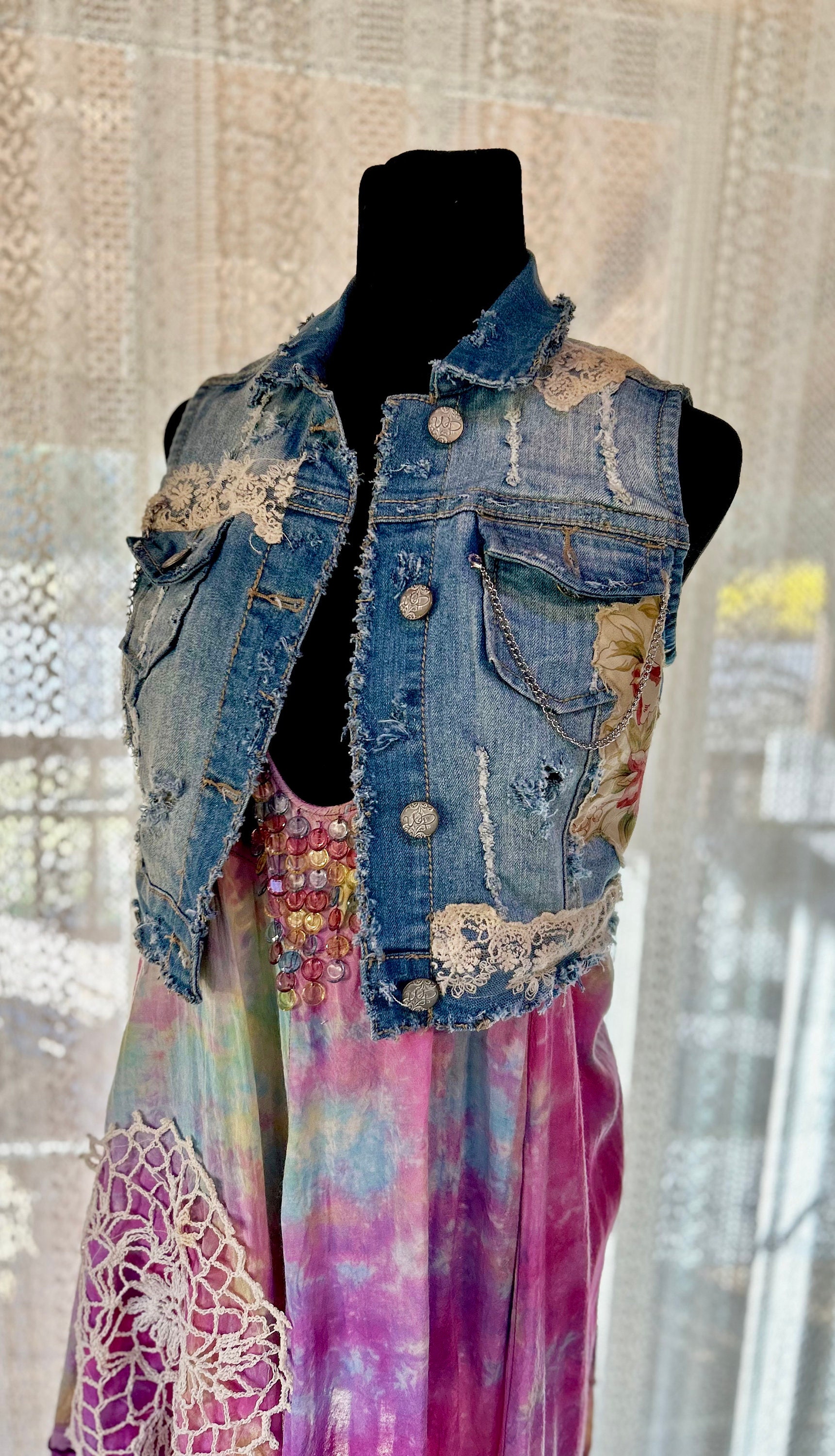 Upcycled Distressed Short Cropped Denim Jean Jacket Vest Hippie BOHO ...