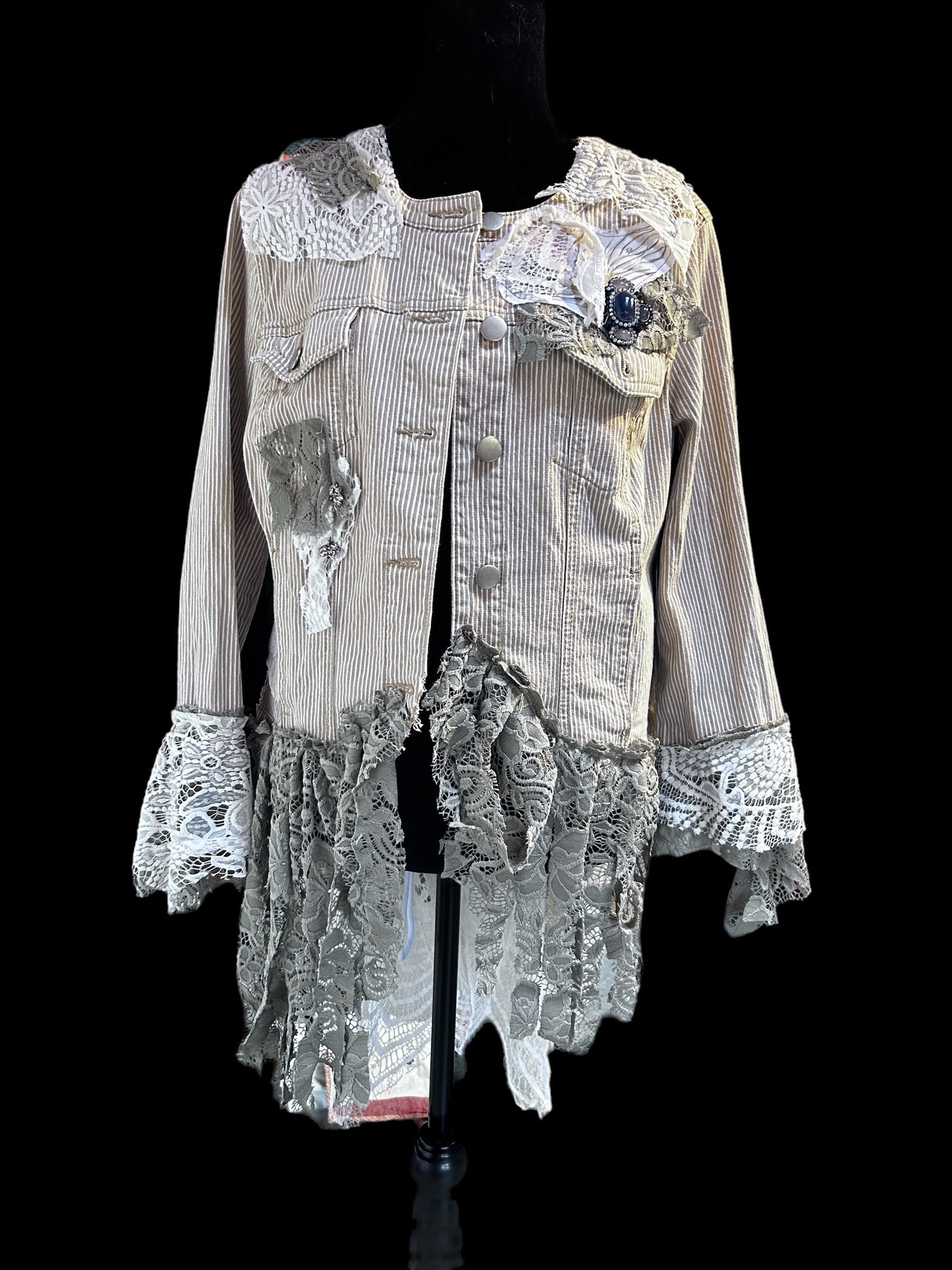 Upcycled Tattered Shabby Chic Denim Tan Taupe Pinstriped Jean Jacket ...