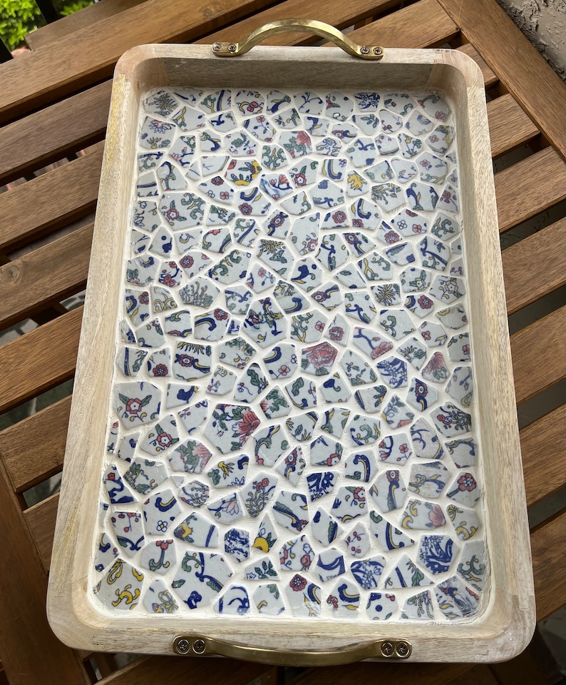 Natural Wood, Vintage Style, Mosaic Tile Tray, Broken Ceramic Tile ...