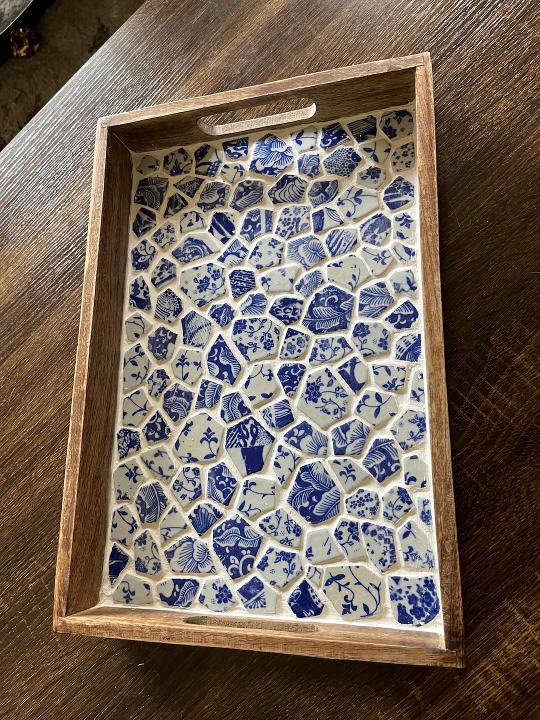 Natural Classic Wood, Mosaic Tile Tray, Broken Ceramic Tile Pieces ...