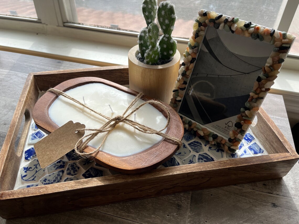Natural Classic Wood, Mosaic Tile Tray, Broken Ceramic Tile Pieces ...